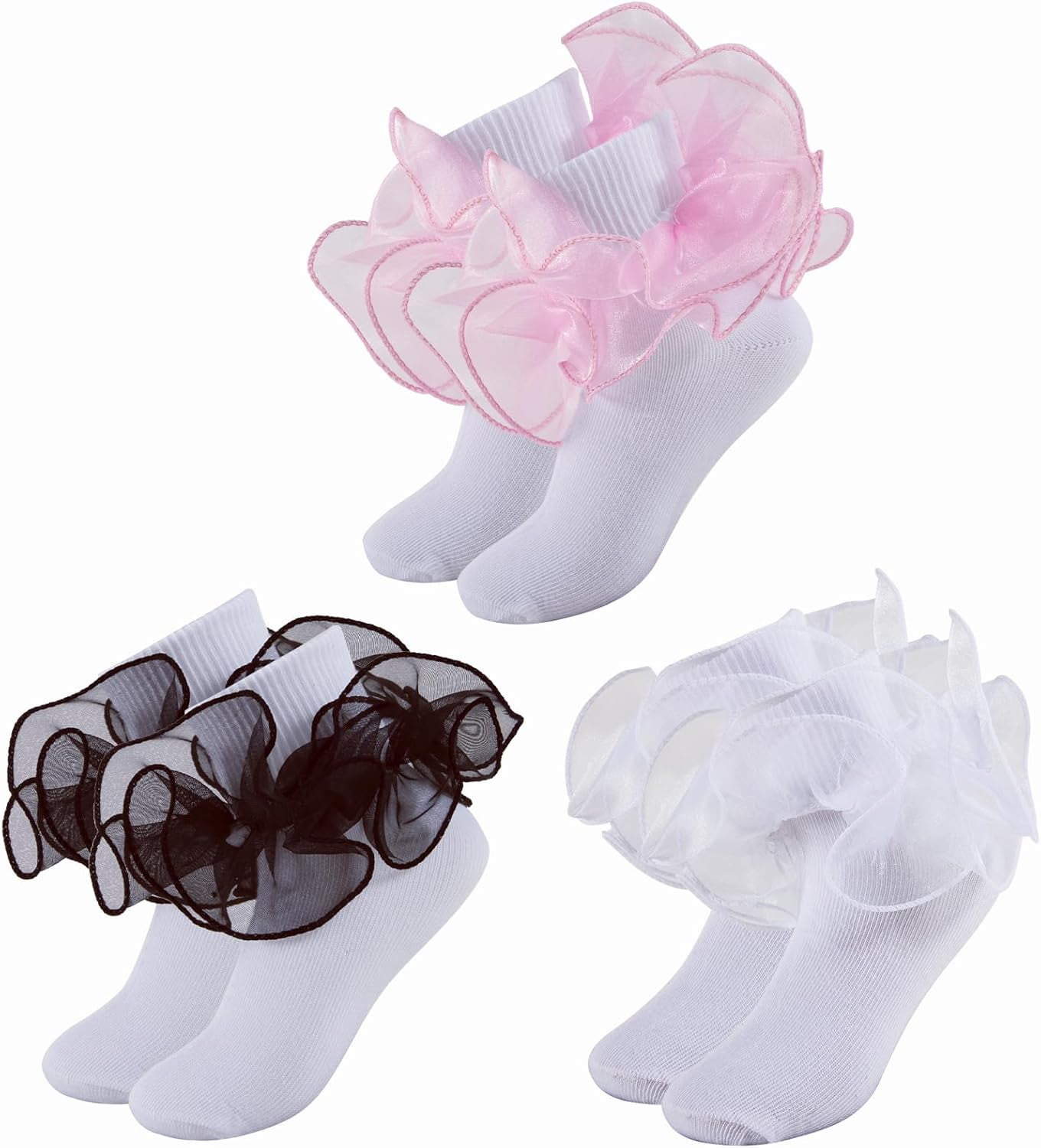 3Pairs Girls Ruffle Socks Toddler Double Lace Sock Turn Cuff Frilly ...