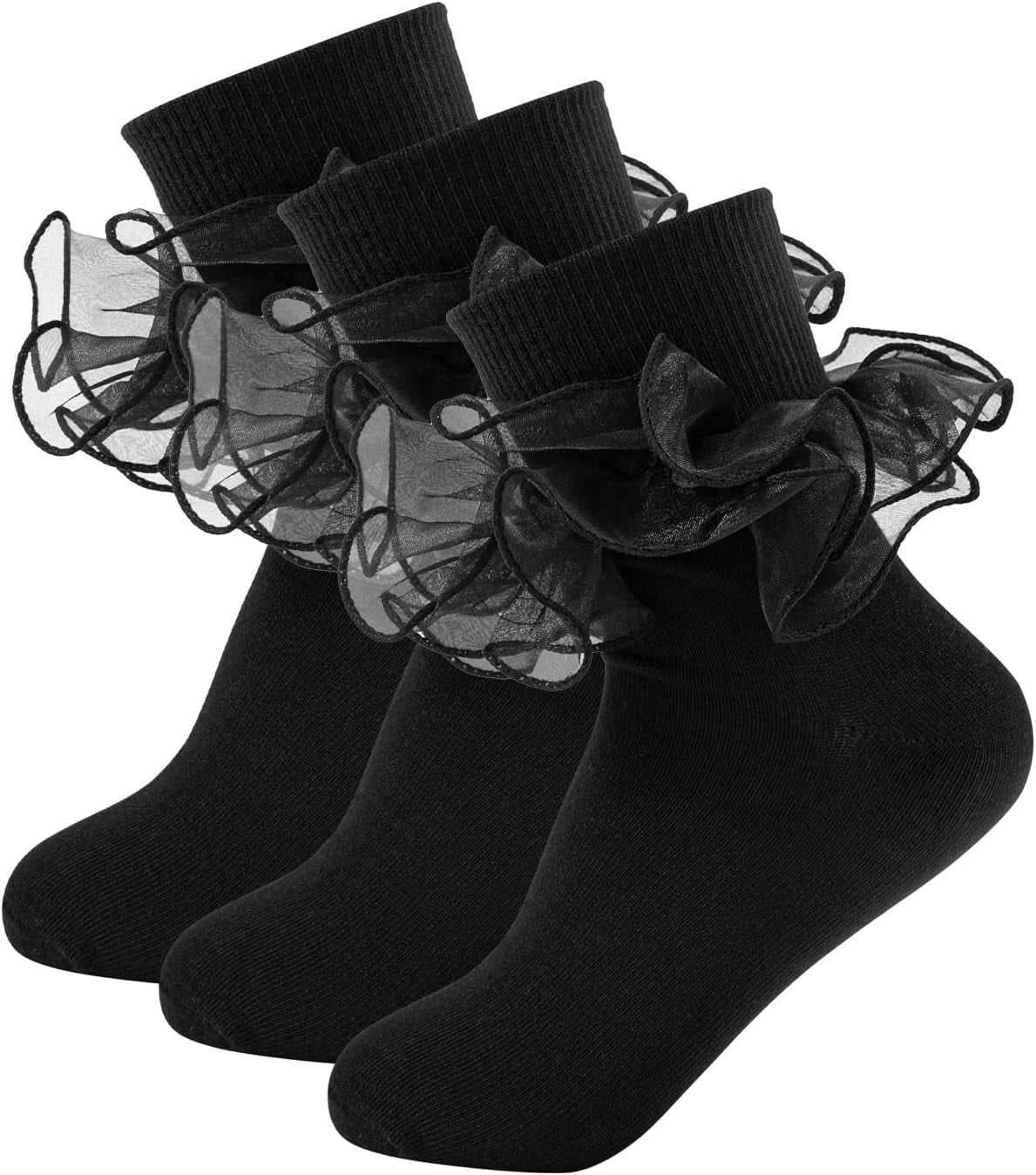 3Pairs Girls Ruffle Socks Toddler Double Lace Sock Turn Cuff Frilly ...
