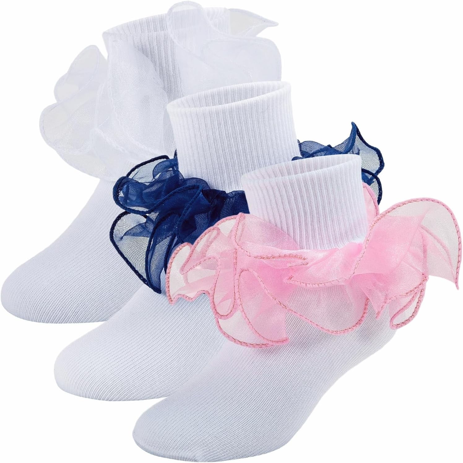 3Pairs Girls Ruffle Socks Toddler Double Lace Sock Turn Cuff Frilly ...