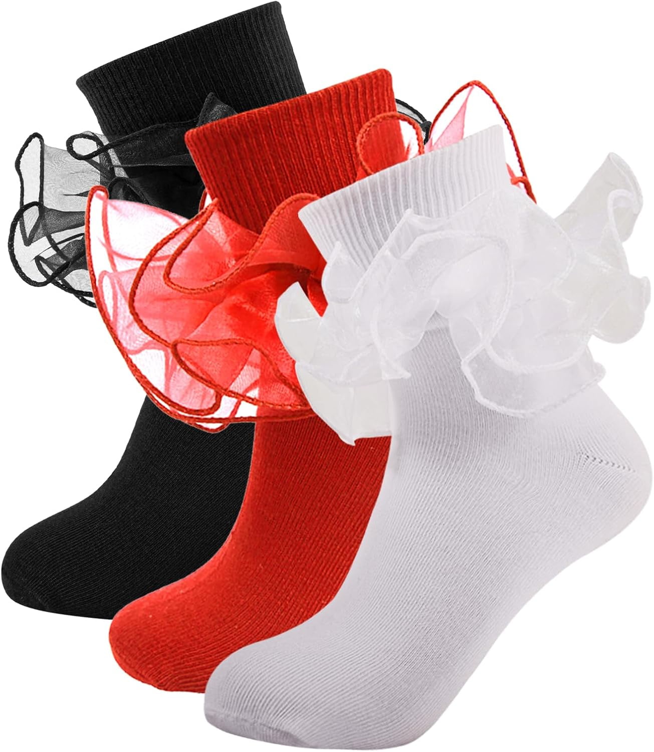 3Pairs Girls Ruffle Socks Toddler Double Lace Sock Turn Cuff Frilly ...