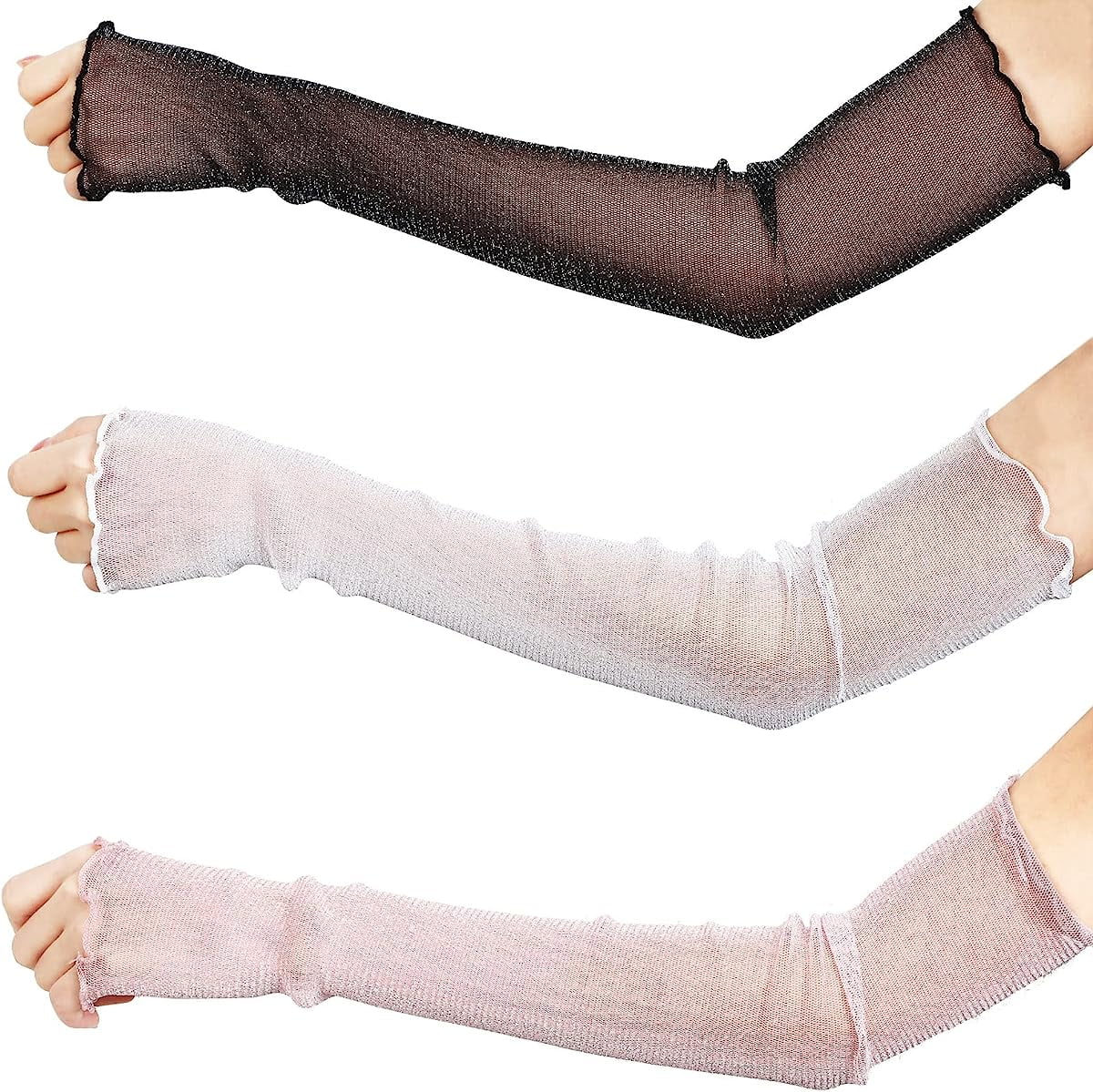 3Pairs Long UV Arm Sleeves for Women, Mesh Sleeves Lace Arm Leg Sleeves ...