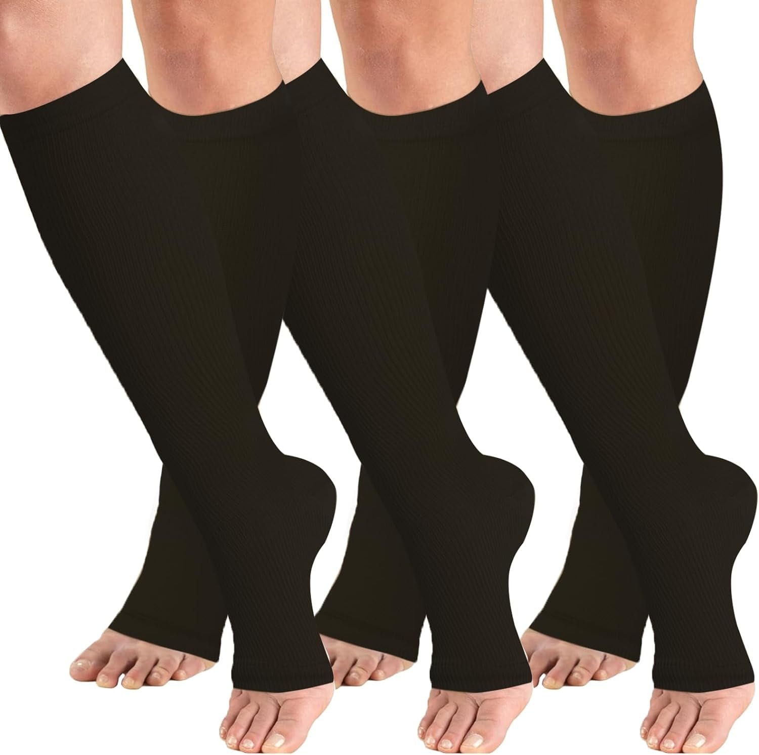 3Pairs Open Toe Compression Socks 15-20 mmHg for Women and Men Knee ...
