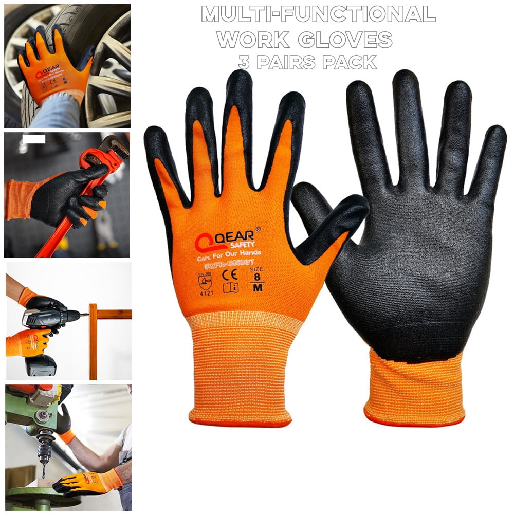 3Pairs QEAR General Purpose Work Safety Gloves, Nitrile Rubber Palm ...