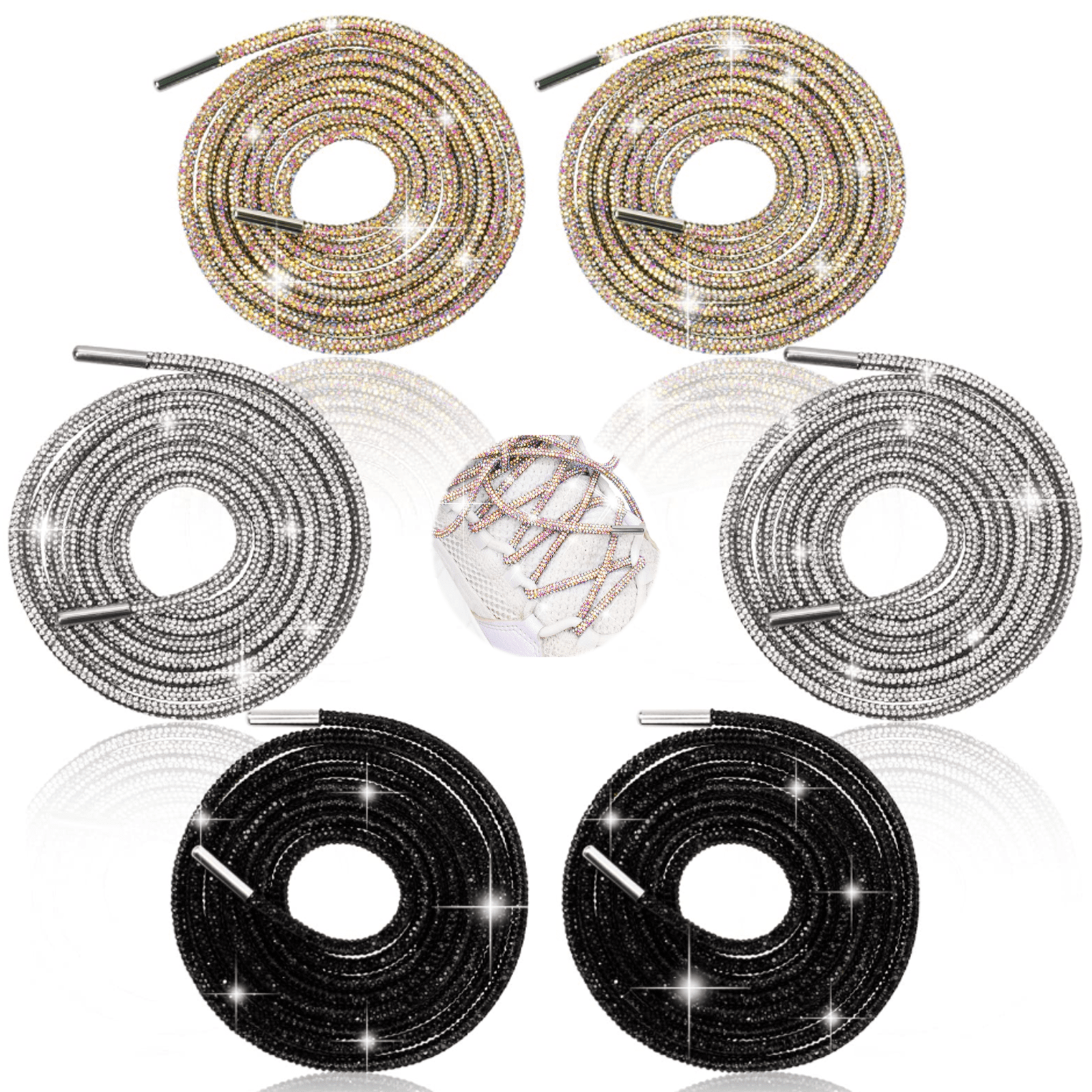 3Pairs Rhinestone Round Shoe Laces, 55'' Bling Bling Crystal Rhinestone ...