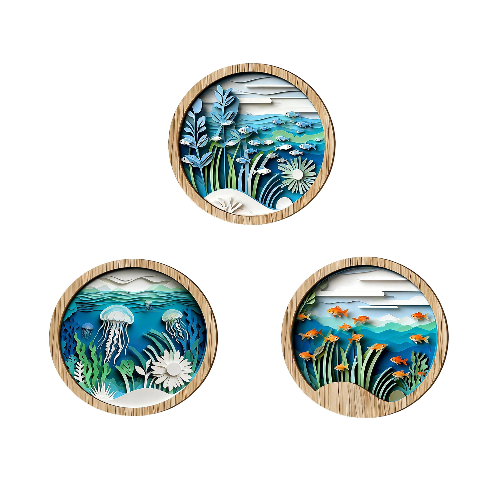 3Pc 2D Wooden Wall Decor Floral Design Circular Frame 7.87X7.87 Inches ...