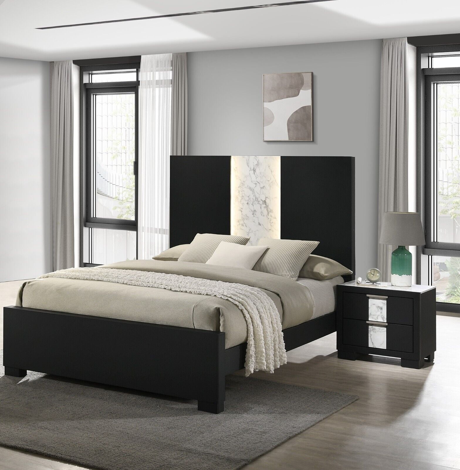 3Pc Beautiful Bedroom Suite Black/White Finish Queen Size Sleek Bed 2x ...