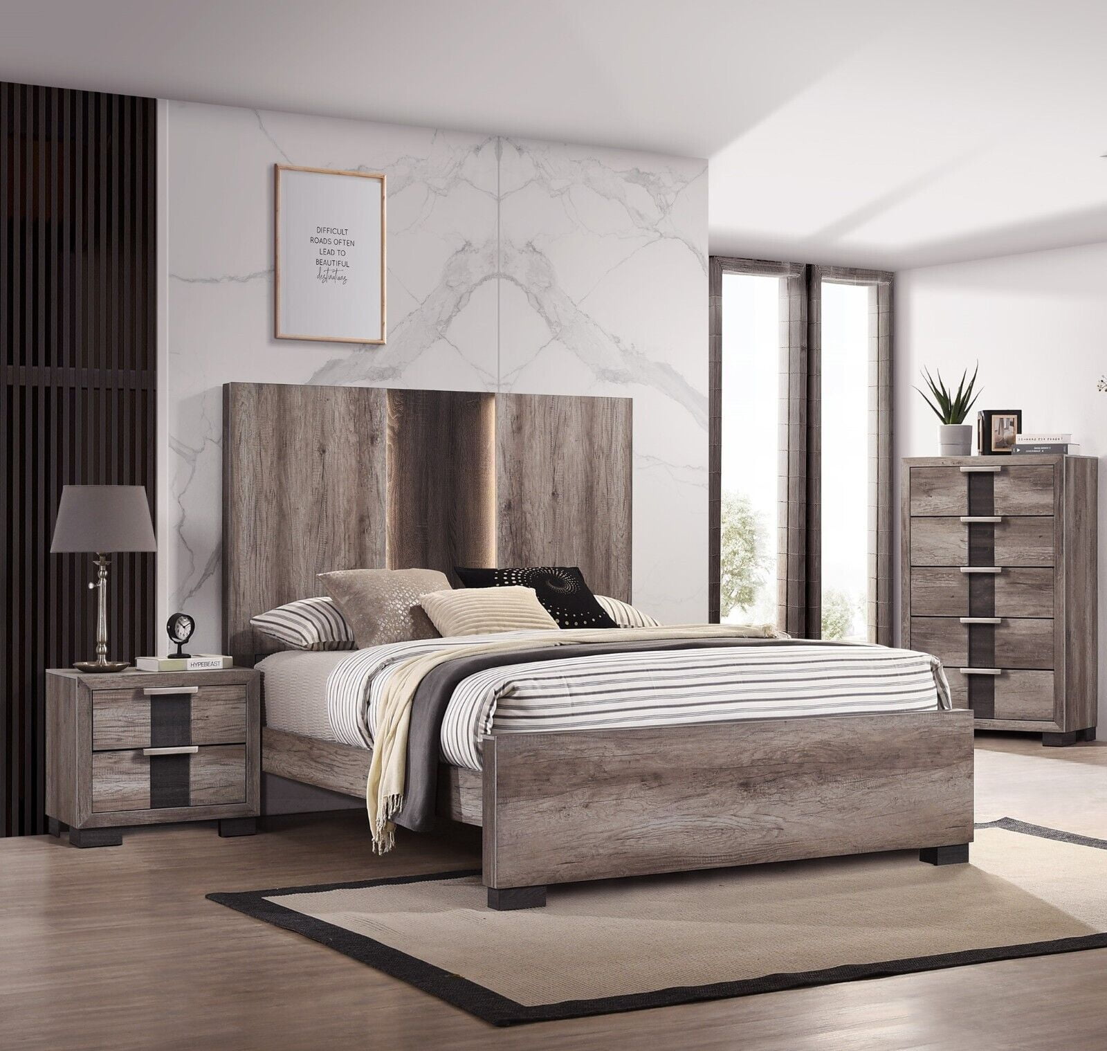 3Pc Beautiful Bedroom Suite Gray/Black Finish King Size Sleek Bed Chest ...
