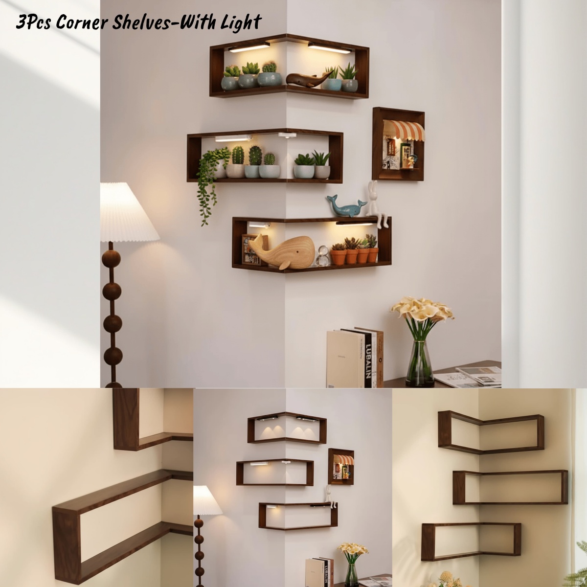 3Pc With Light Corner Shelf Wall Mount,Room Decor Aesthetic,Wall ...