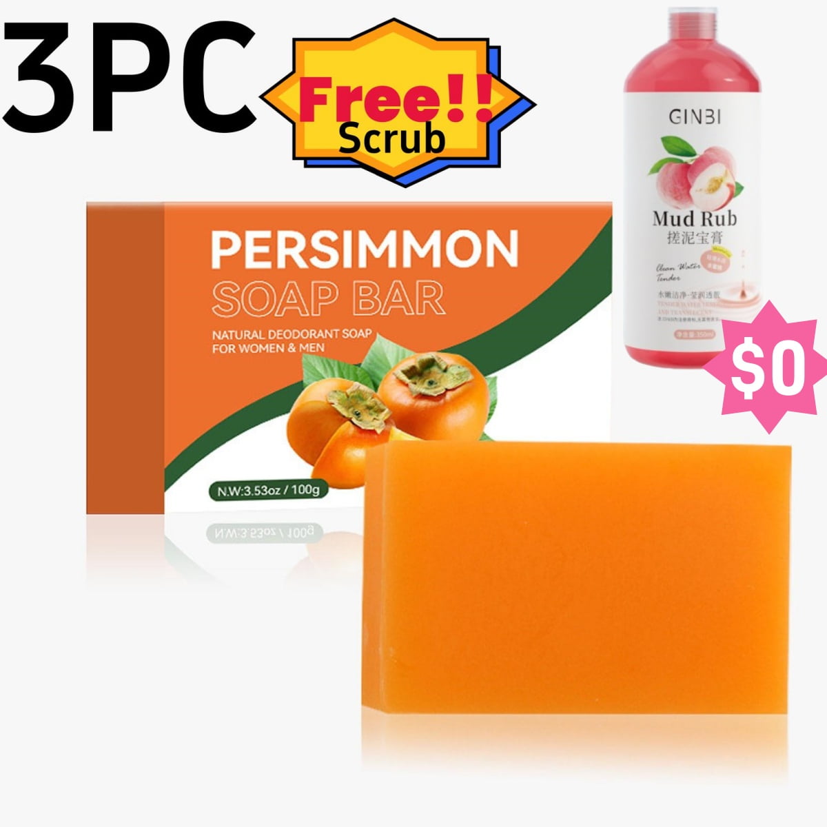3Pc Persimmon Soap Bar For Body Odor Removal,Body Deodorizing Soap ...