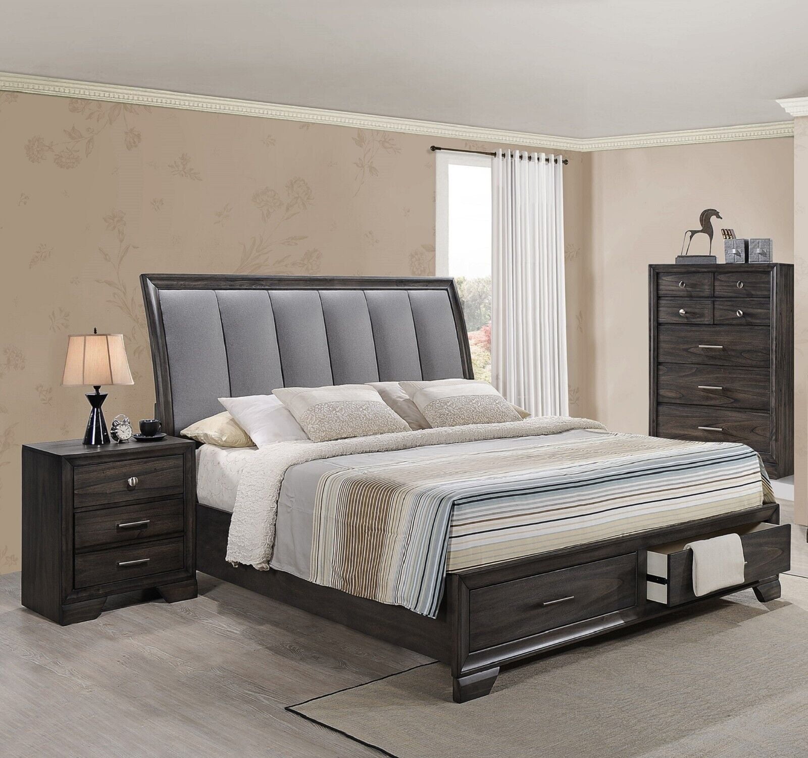 3Pc Platform Storage King Bed Chest Nightstand Solid Wood Bedroom ...