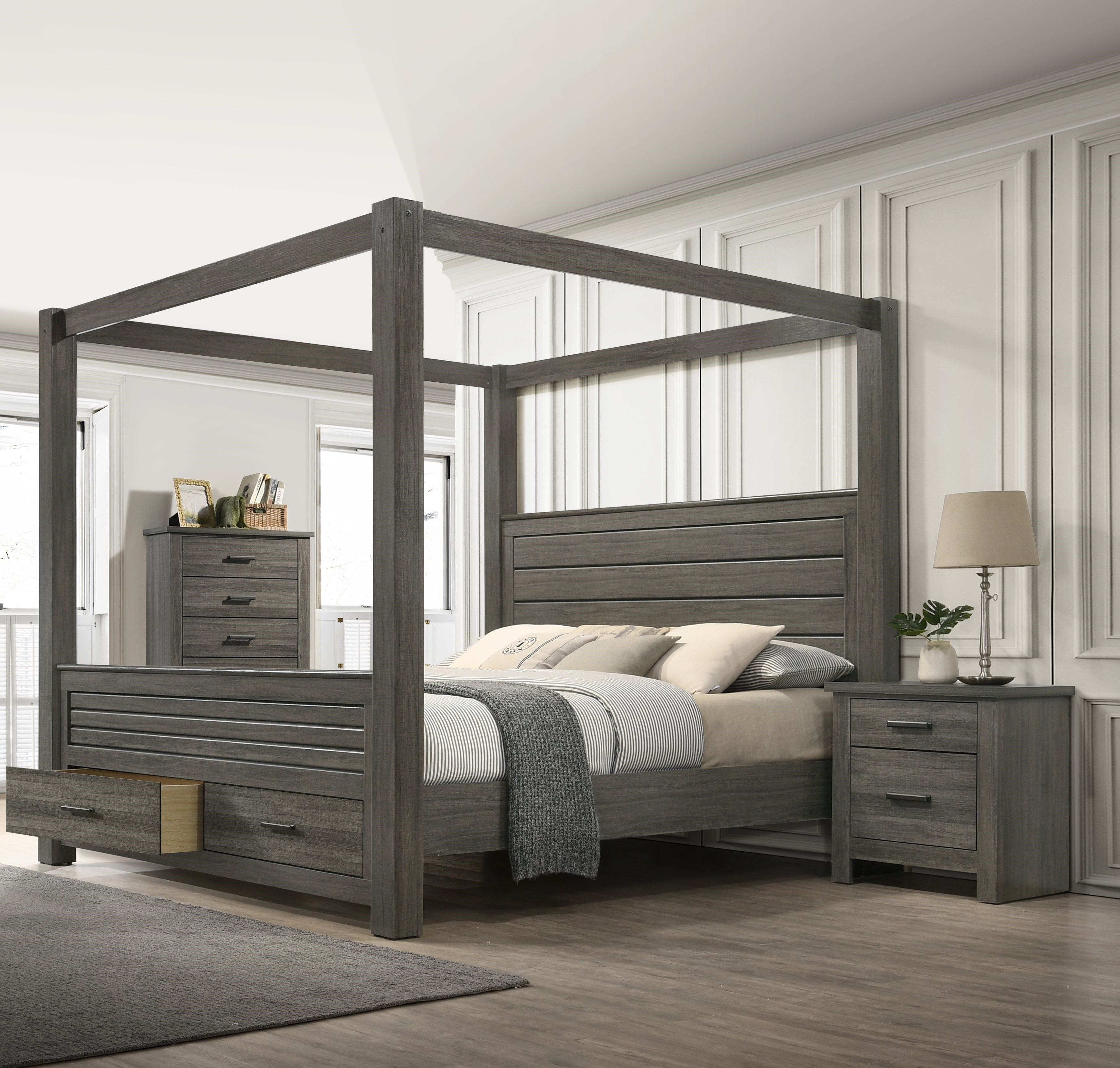 3Pc Queen Canopy Storage Bed Chest Nightstand Set Bedroom Furniture ...