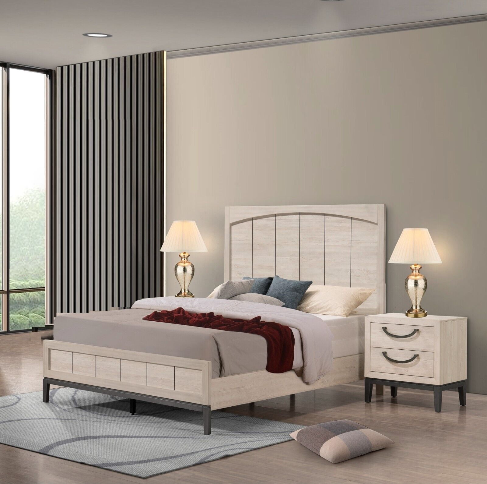 3Pc Unique Design Bedroom Set Beige Finish Queen Size Bed Nightstands ...