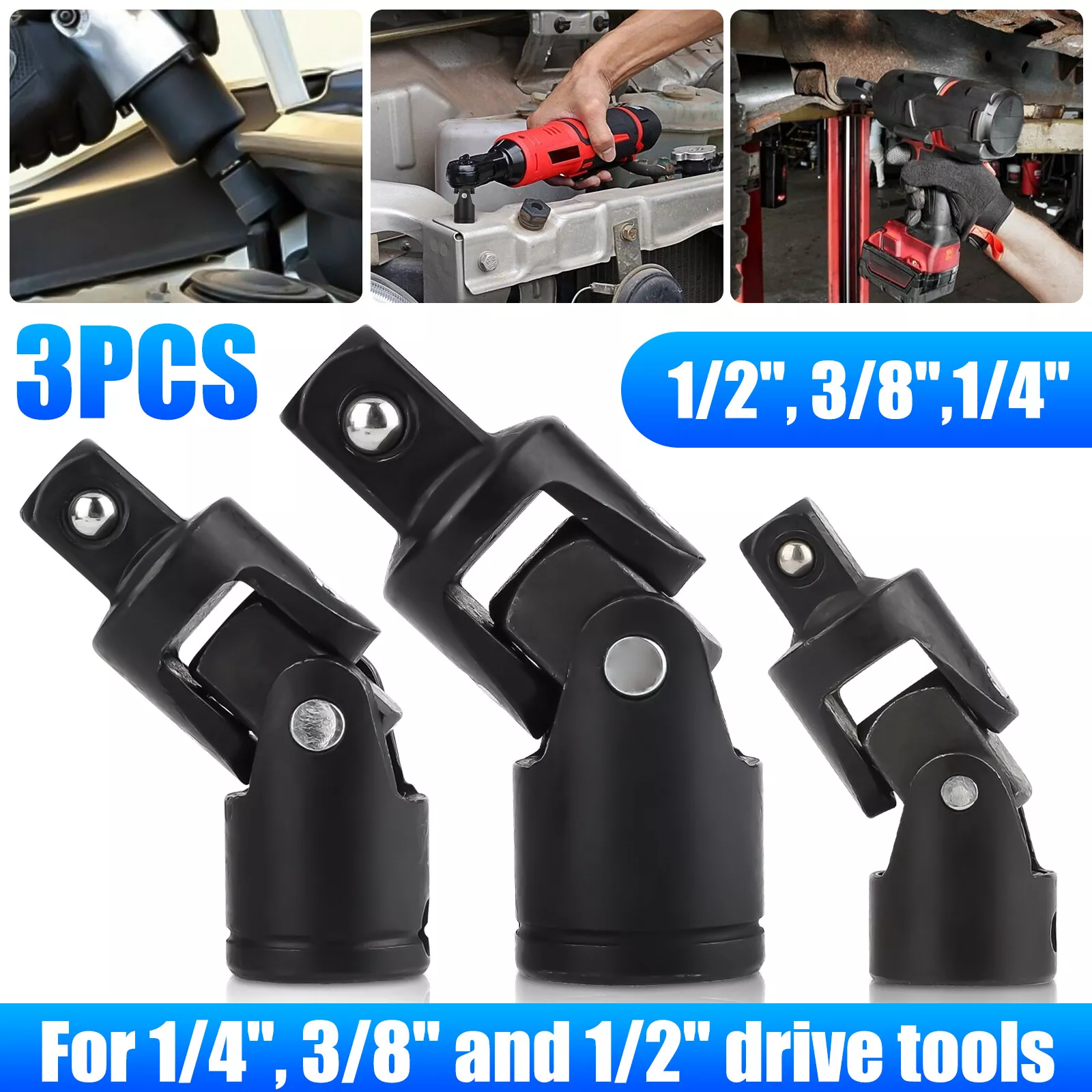 3Pcs 1/4" 3/8" 1/2" Drive Swivel Impact Universal Joint Sockets Adapter ...