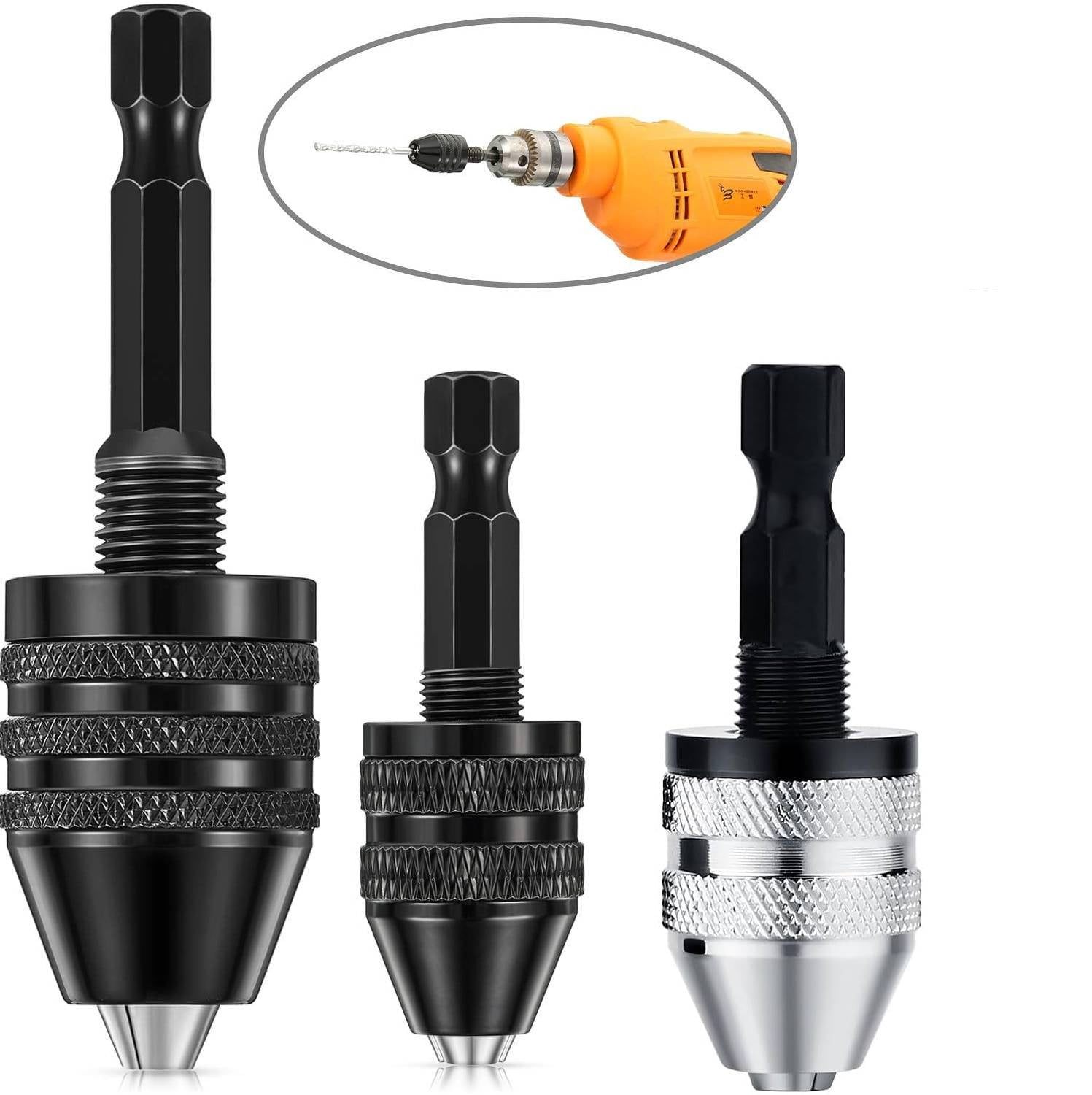 3Pcs 1/4in Keyless Drill Bit Chuck Hex Shank Adapter Converter Quick ...