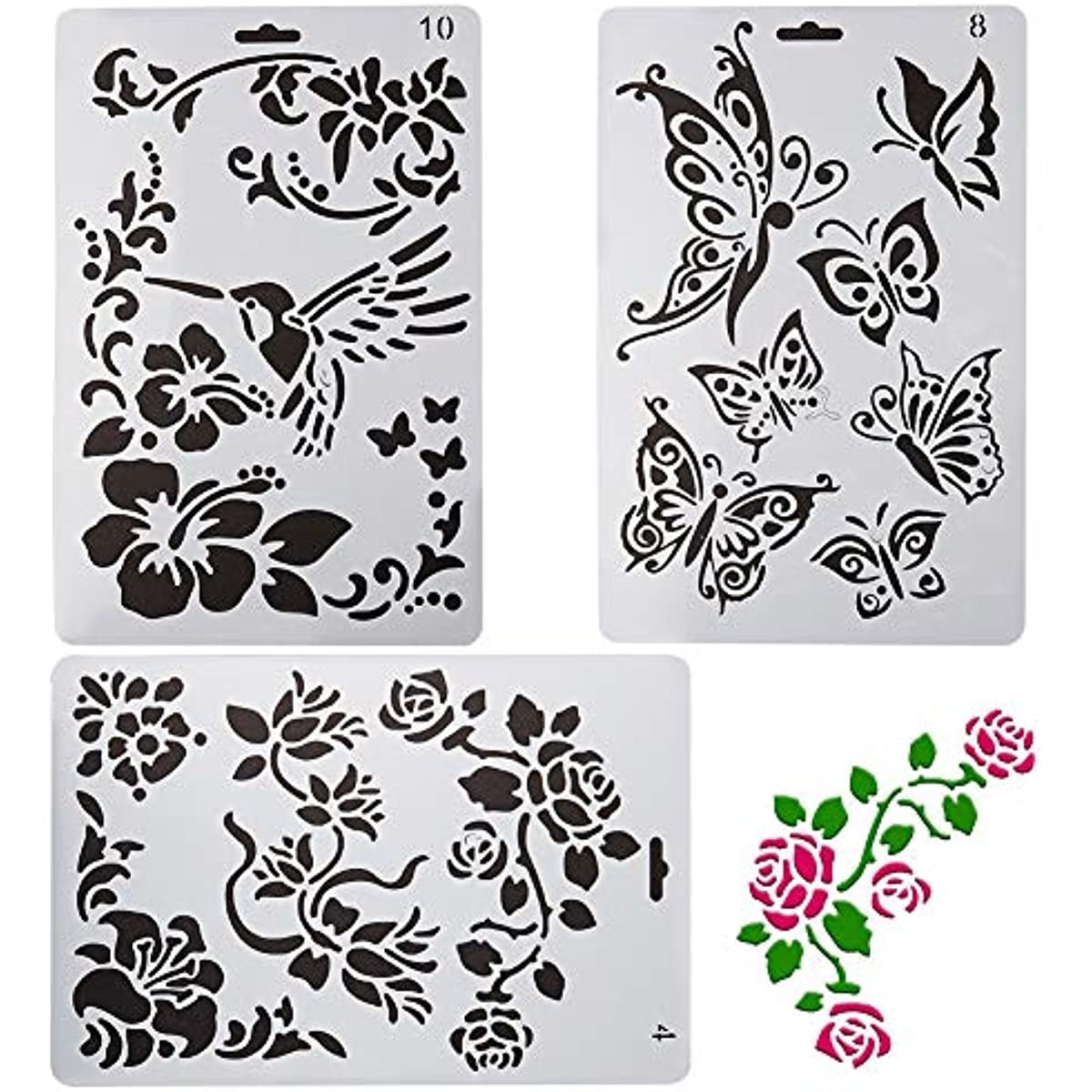 3Pcs 10x7 Inches Flower Butterfly Bird Stencil Template Mixed Plastic ...
