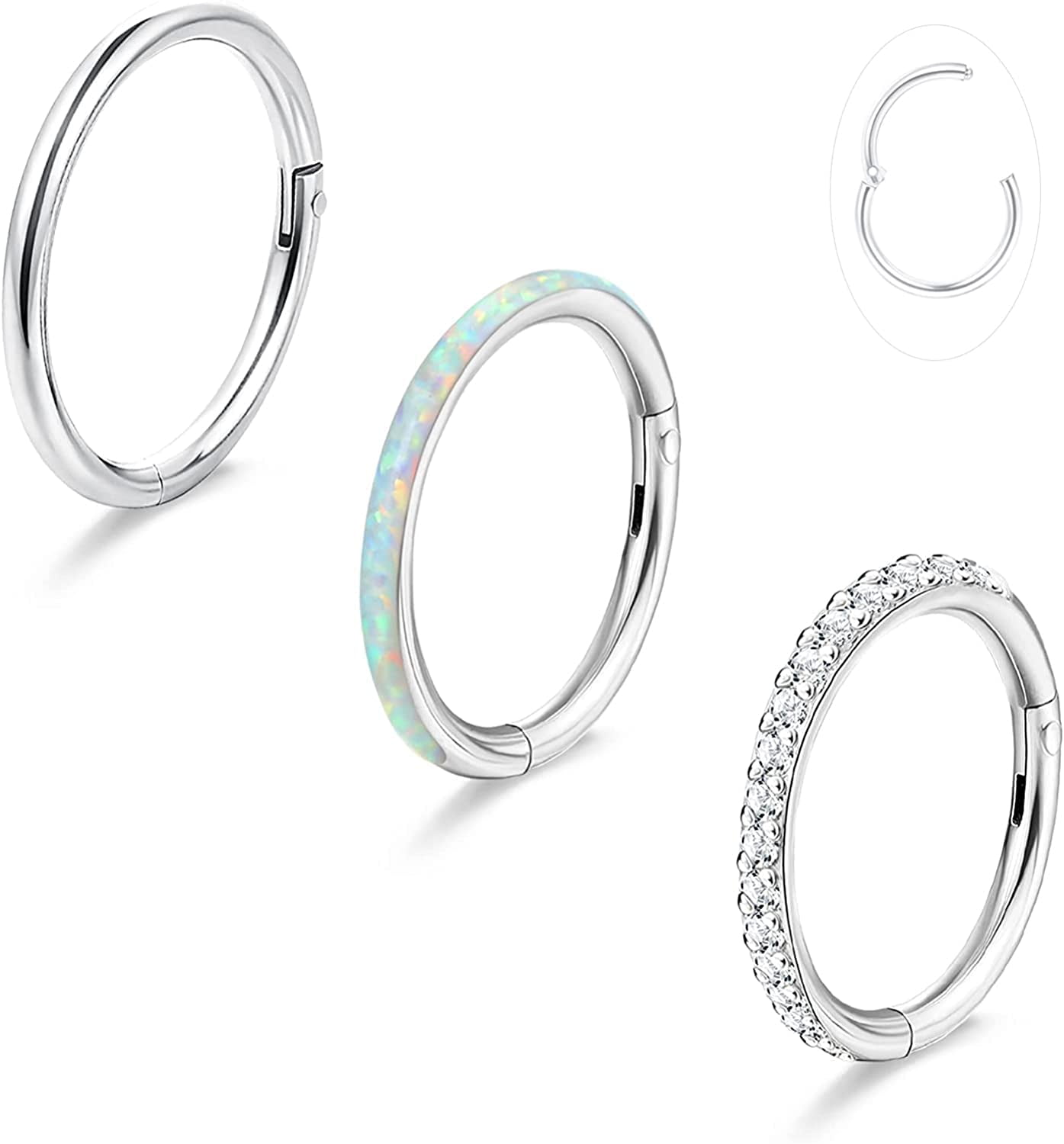 3Pcs 18G 16G Titanium Nose Ring Hoops for Women CZ Opal Septum Rings Clicker Hinged Segment Nose ...