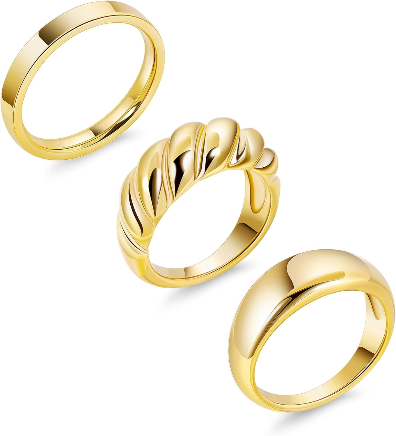 3Pcs 18K Gold-Plated Chunky Dome Rings for Women Croissant Twisted ...