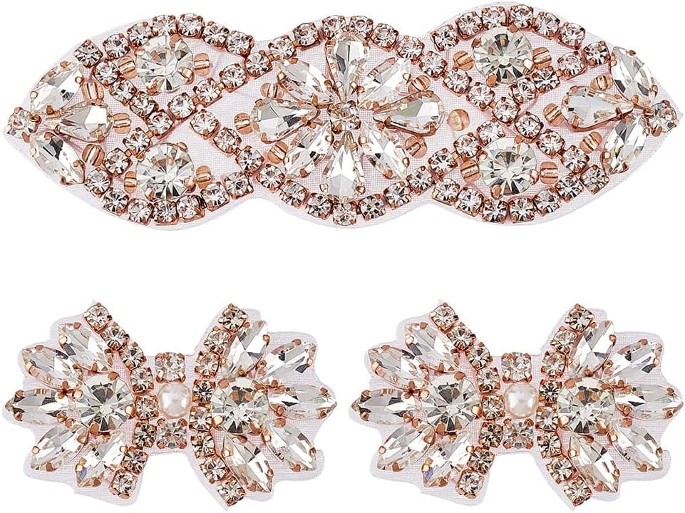 3Pcs 2 Style Glitter Hotfix Rhinestone Applique Rose Gold Iron on/Sew ...