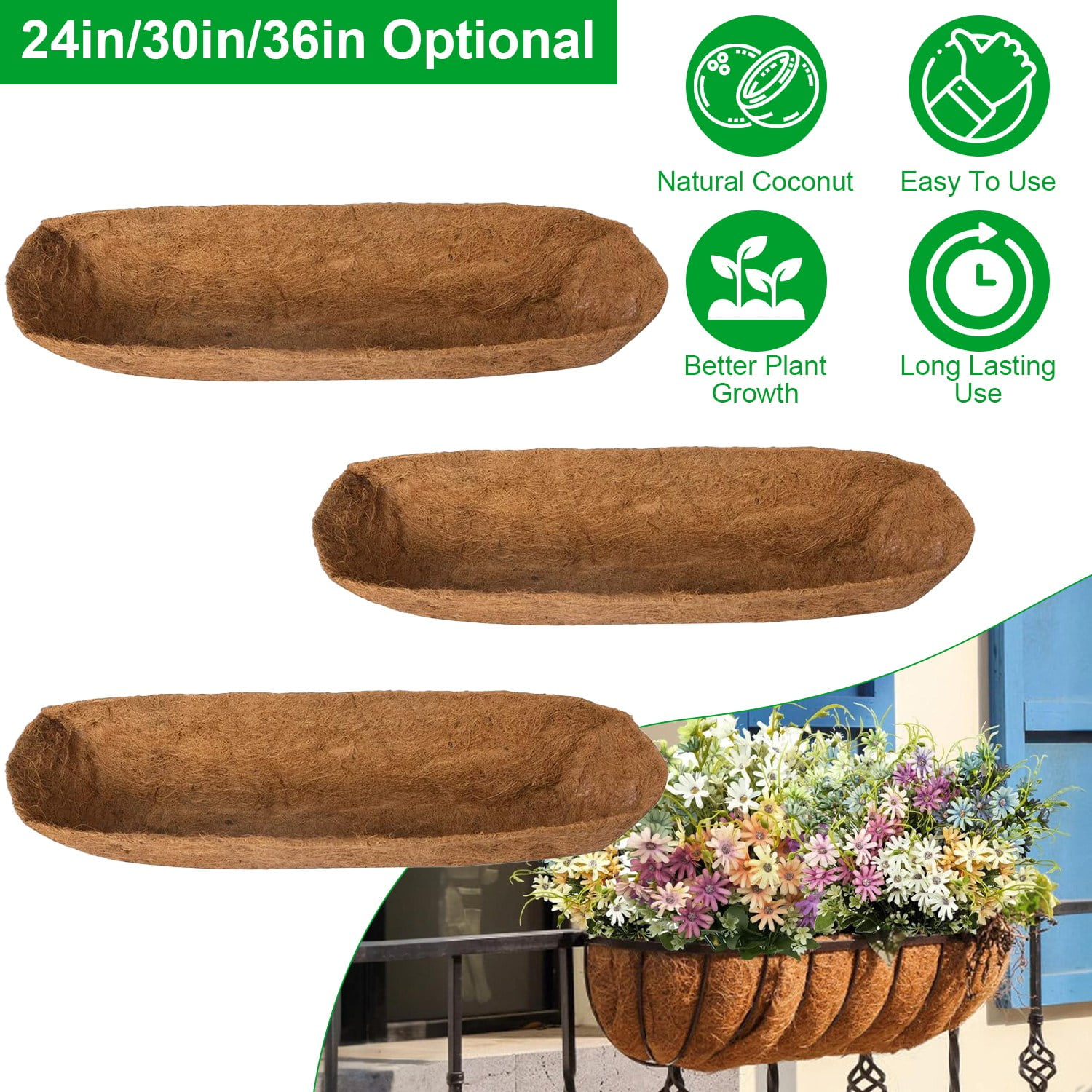 3Pcs 24in/30in/36in Planters Trough Coconut Coir Planter Liners, Half ...