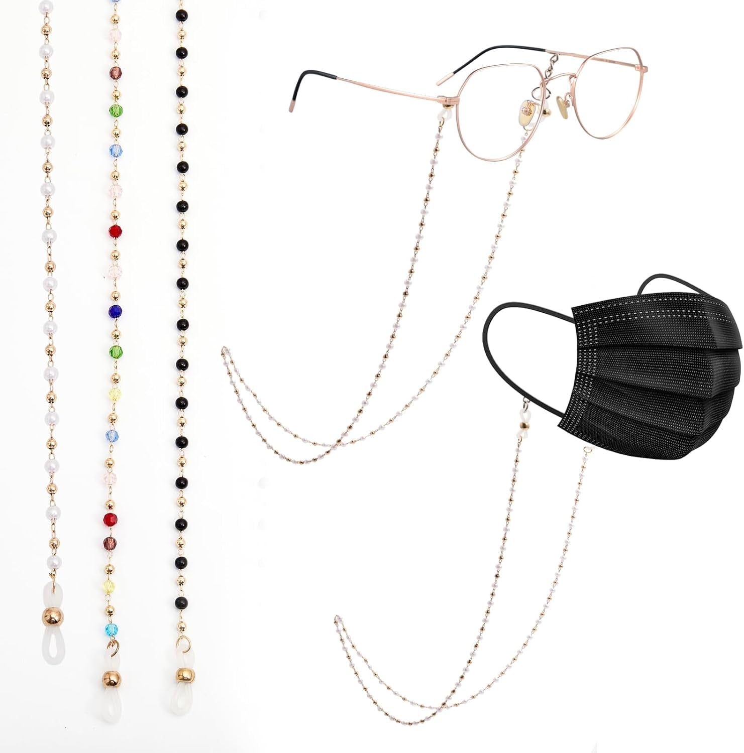 3Pcs 3 Color Round Beaded Eyeglasses Chains Golden Brass Neck Strap for ...