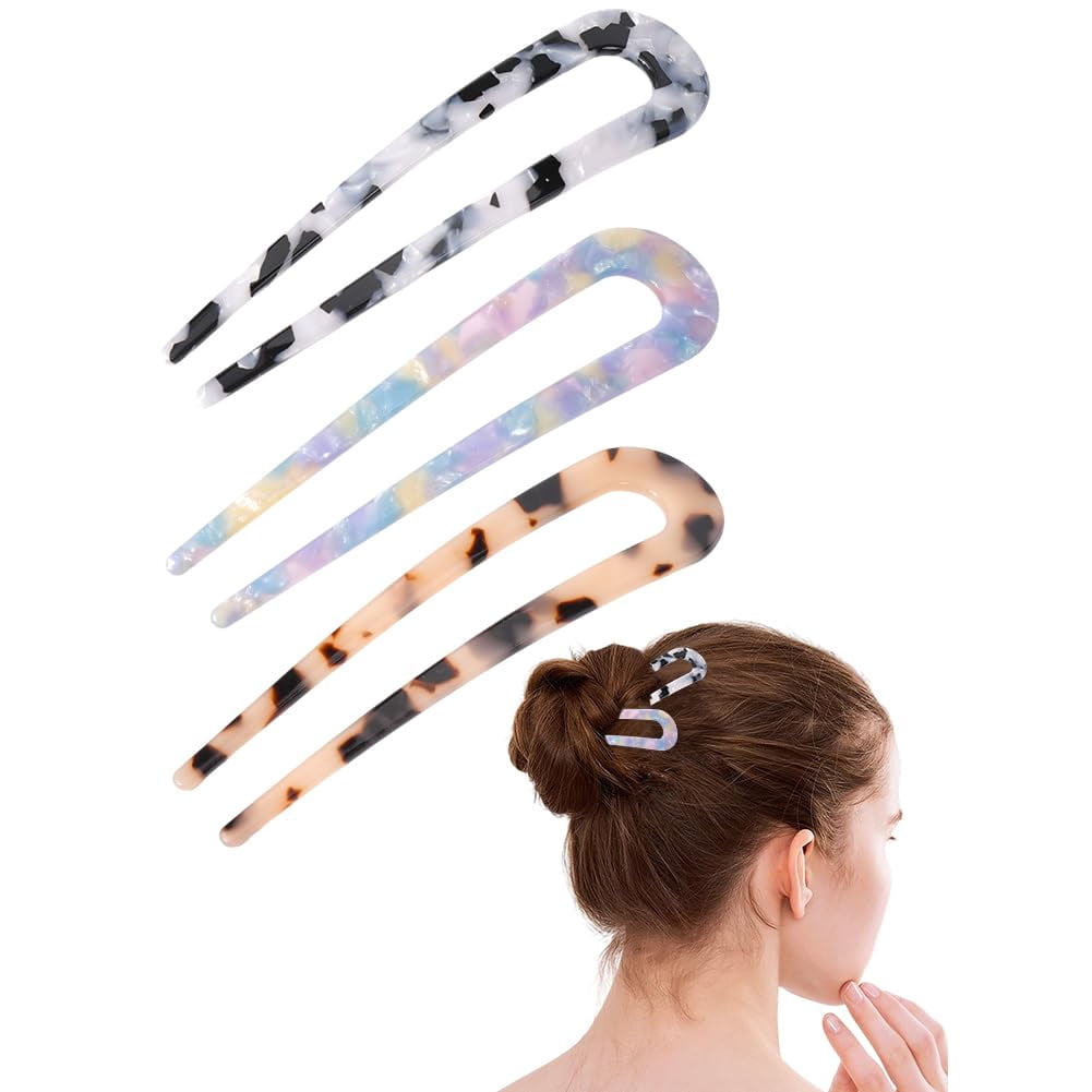 3Pcs 3 Colors Cellulose Acetate(Resin) Hair Forks U-shaped Mixed Color ...