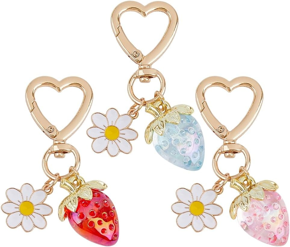 3Pcs 3 Colors Cute Strawberry Keychains Enamel Alloy Keychains Flower ...