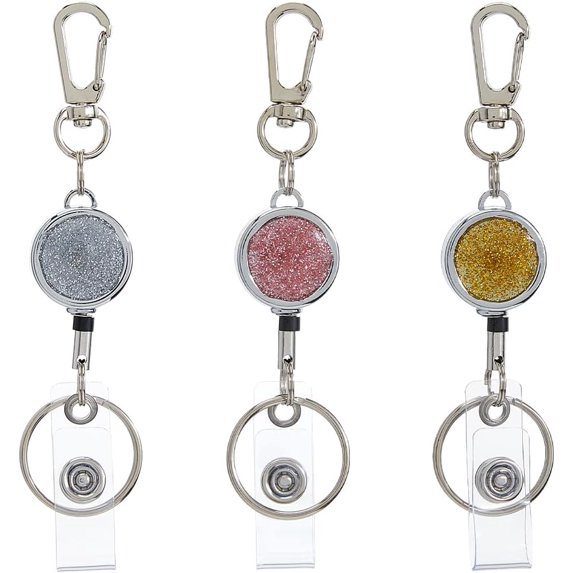 3Pcs 3 Colors Retractable Badge Reel with Key Ring Glittery Alloy ...