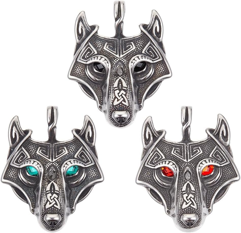 3Pcs 3 Colors Stainless Steel Wolf Pendant with Rhinestone Eyes Metal ...