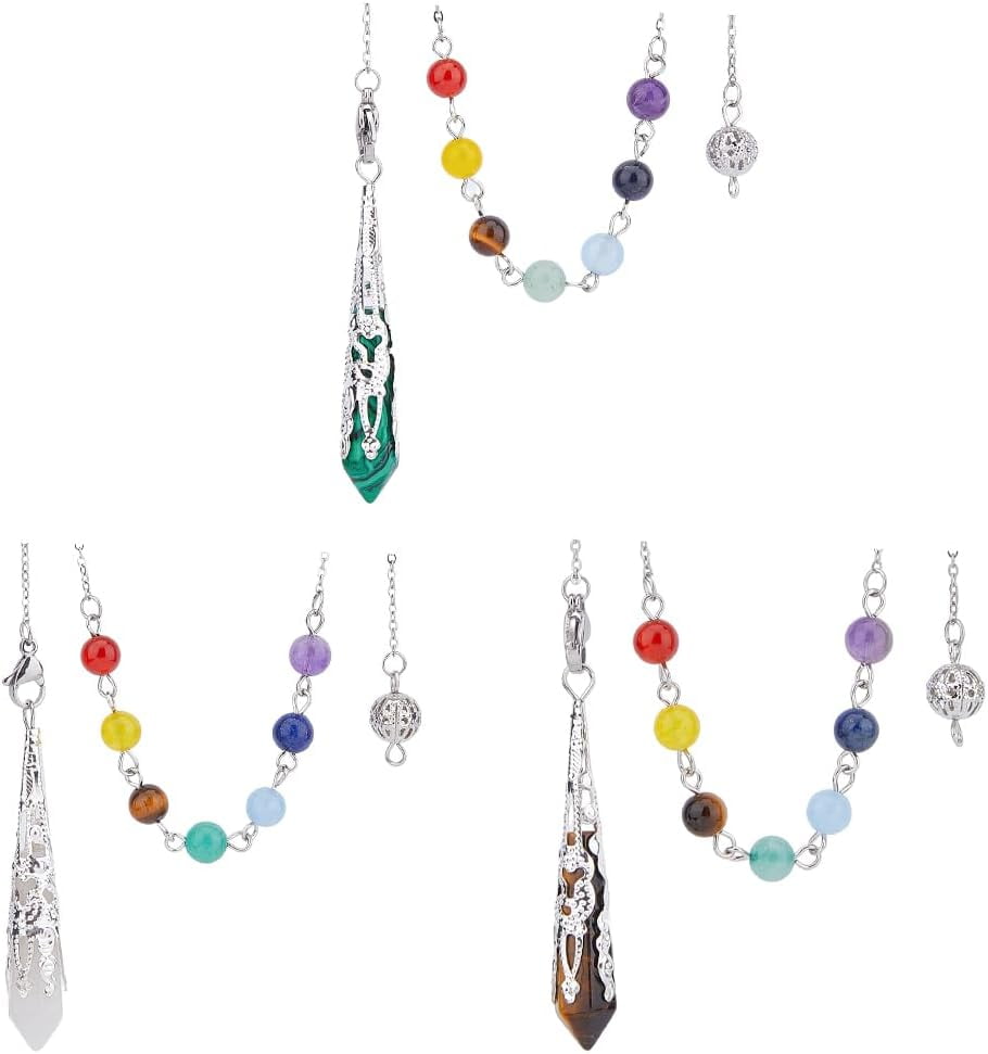 3Pcs 3 Style Gemstone Pointed Dowsing Pendulums with Beads Reiki ...