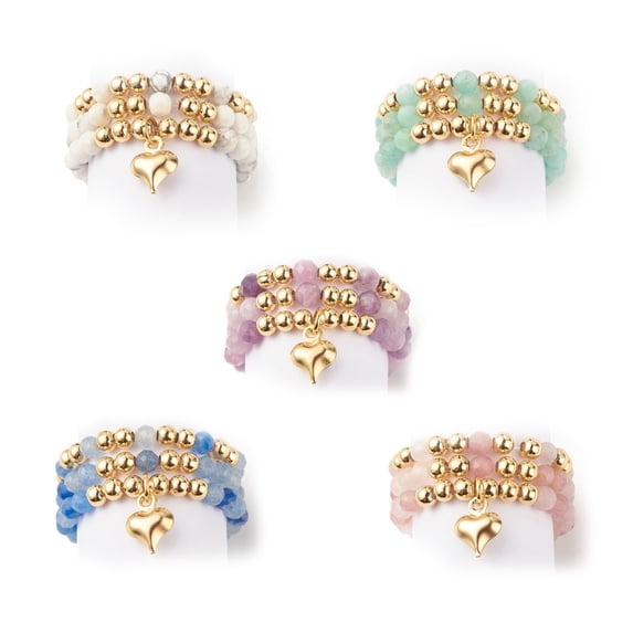 3Pcs 3 Style Natural Gemstone Brass Beaded Finger Rings with 304 ...
