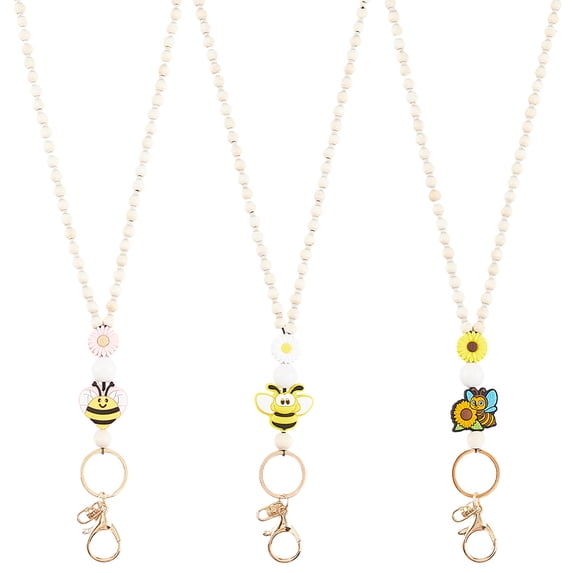 3Pcs 3 Styles Bees Flower Wood & Silicone Keychain with Alloy Clasp and ...