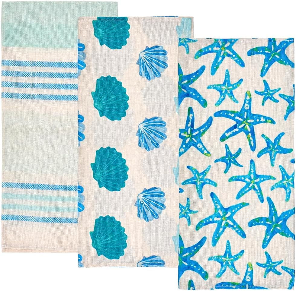 3Pcs 3 Styles Blue Kitchen Towels Cloth Washable Sea Ocean Beach Theme ...