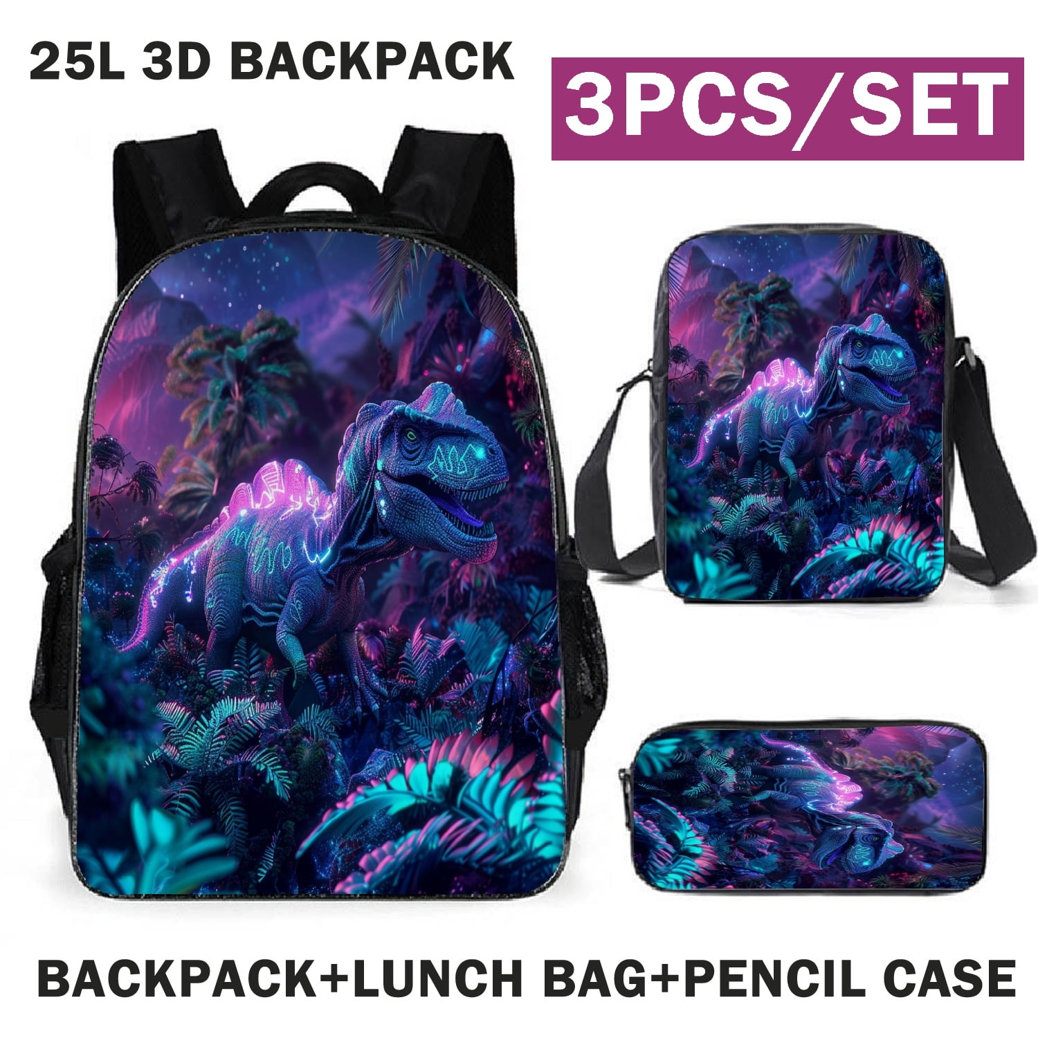 3Pcs 3D Dinosaur Print Backpack for Girls Elementary Students School ...