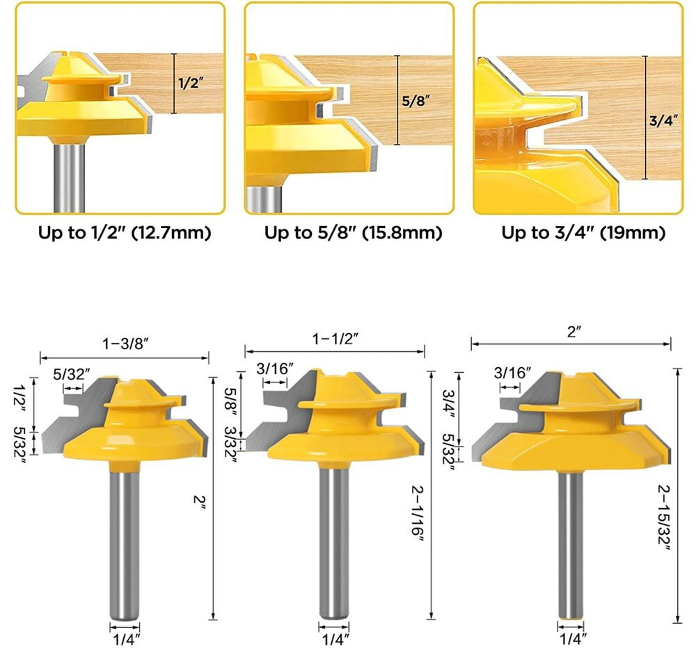 3Pcs 45 Degree Lock Miter Router Bit Set,1/2",5/8",3/4" Cutting Height ...