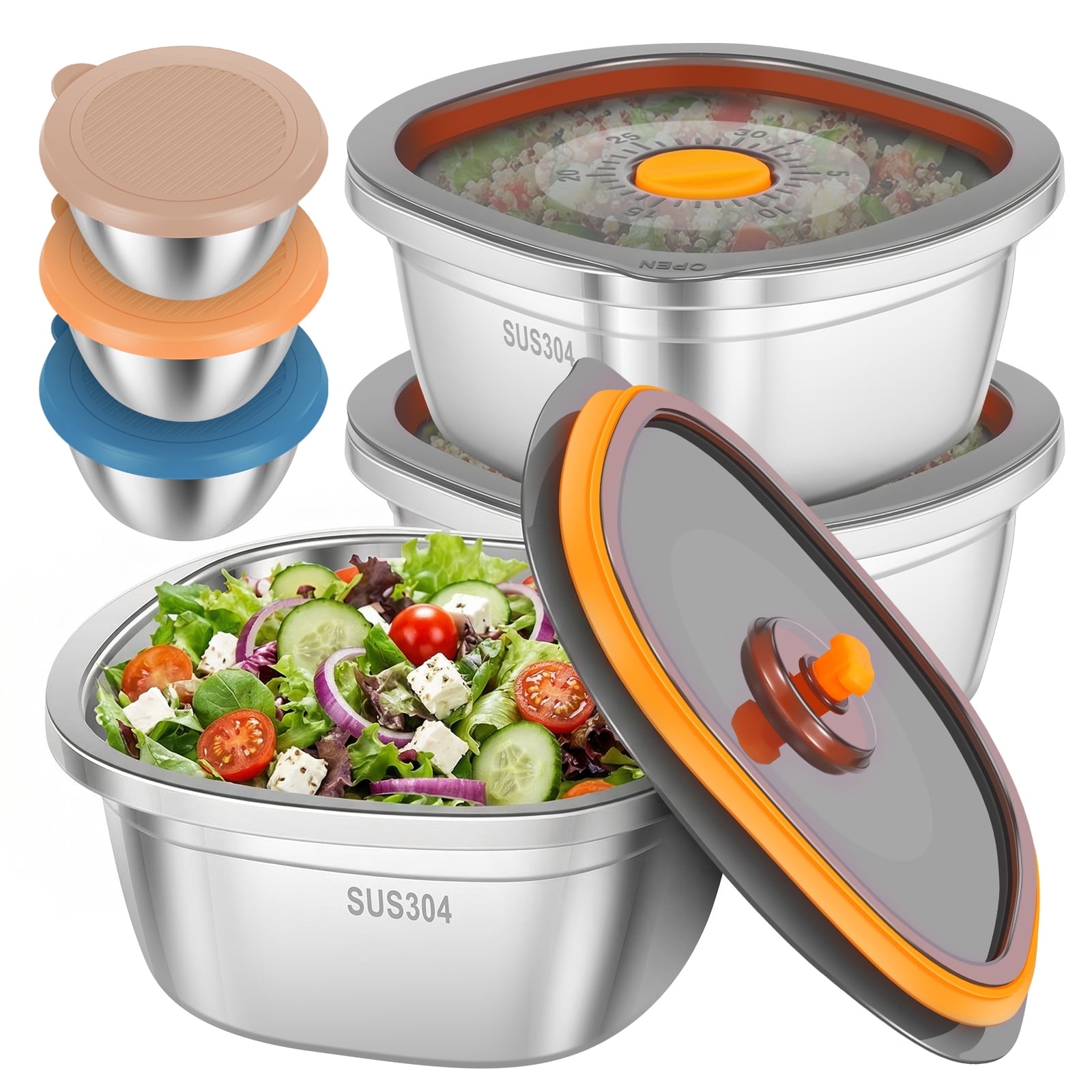 3Pcs 50.7oz & 2.7oz Stainless Steel Salad Bowl with Lid & Dressing Cup ...