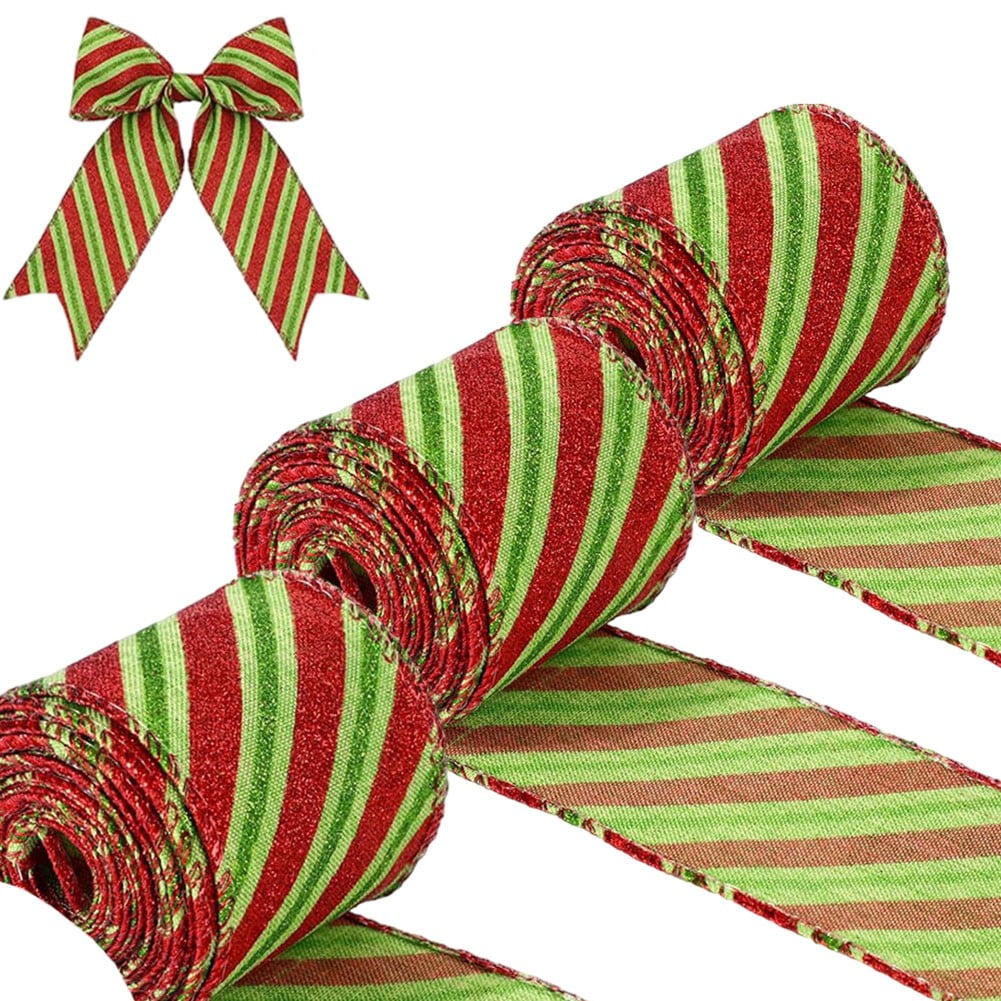 3Pcs 6.3Cm Christmas Ribbons Red Green Dot Wired Edge Ribbon Burlap ...