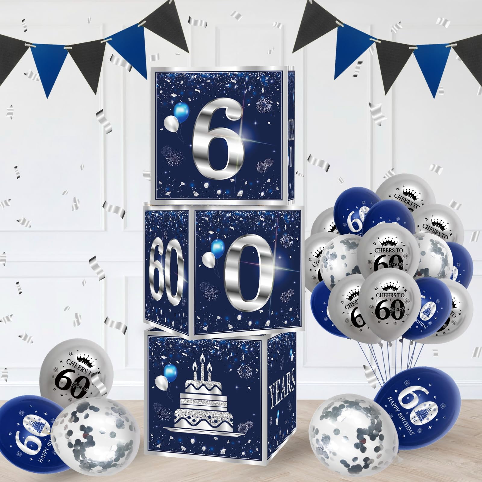 3Pcs 60th Birthday Decorations Boxes for Men Blue Silver 60th Happy ...