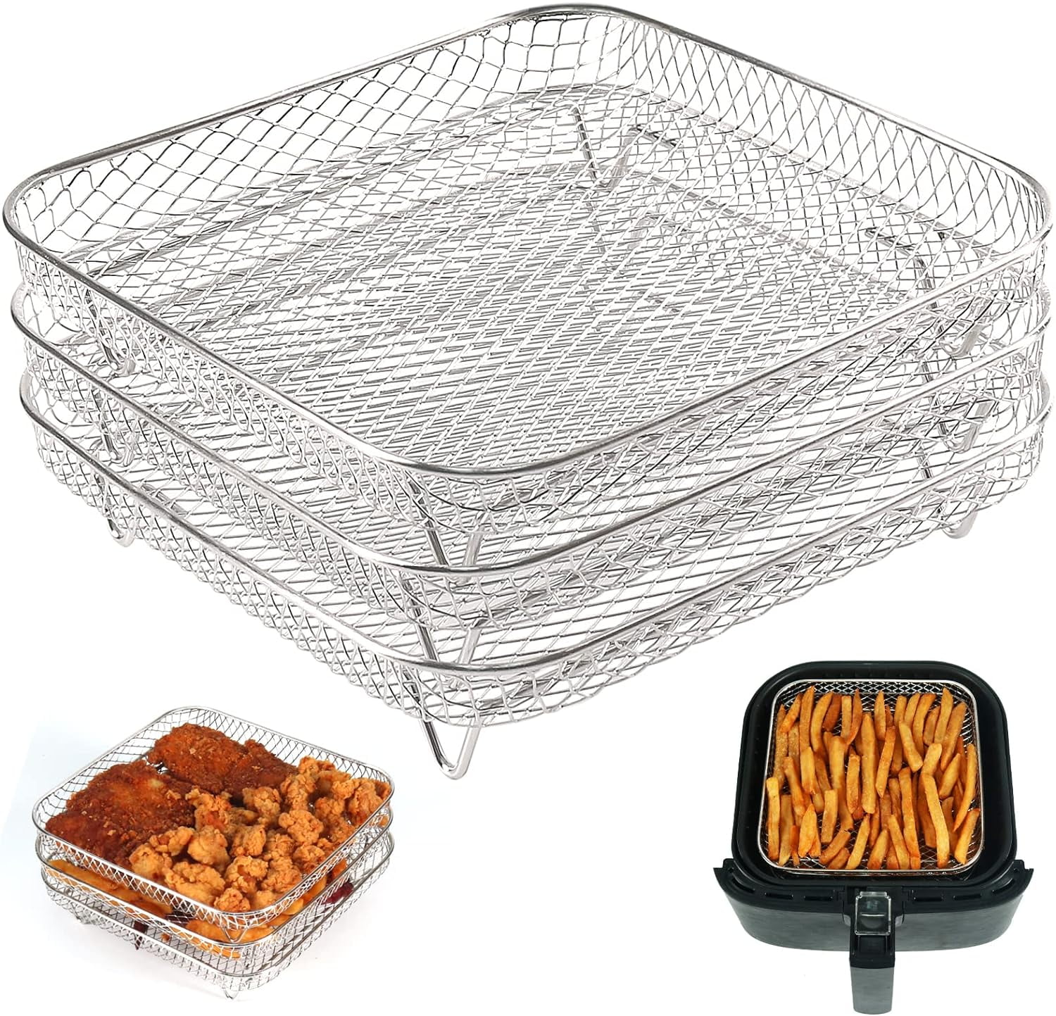 3Pcs 8 inch Square Air Fryer Basket, Stackable Multi-Layer Stainless ...