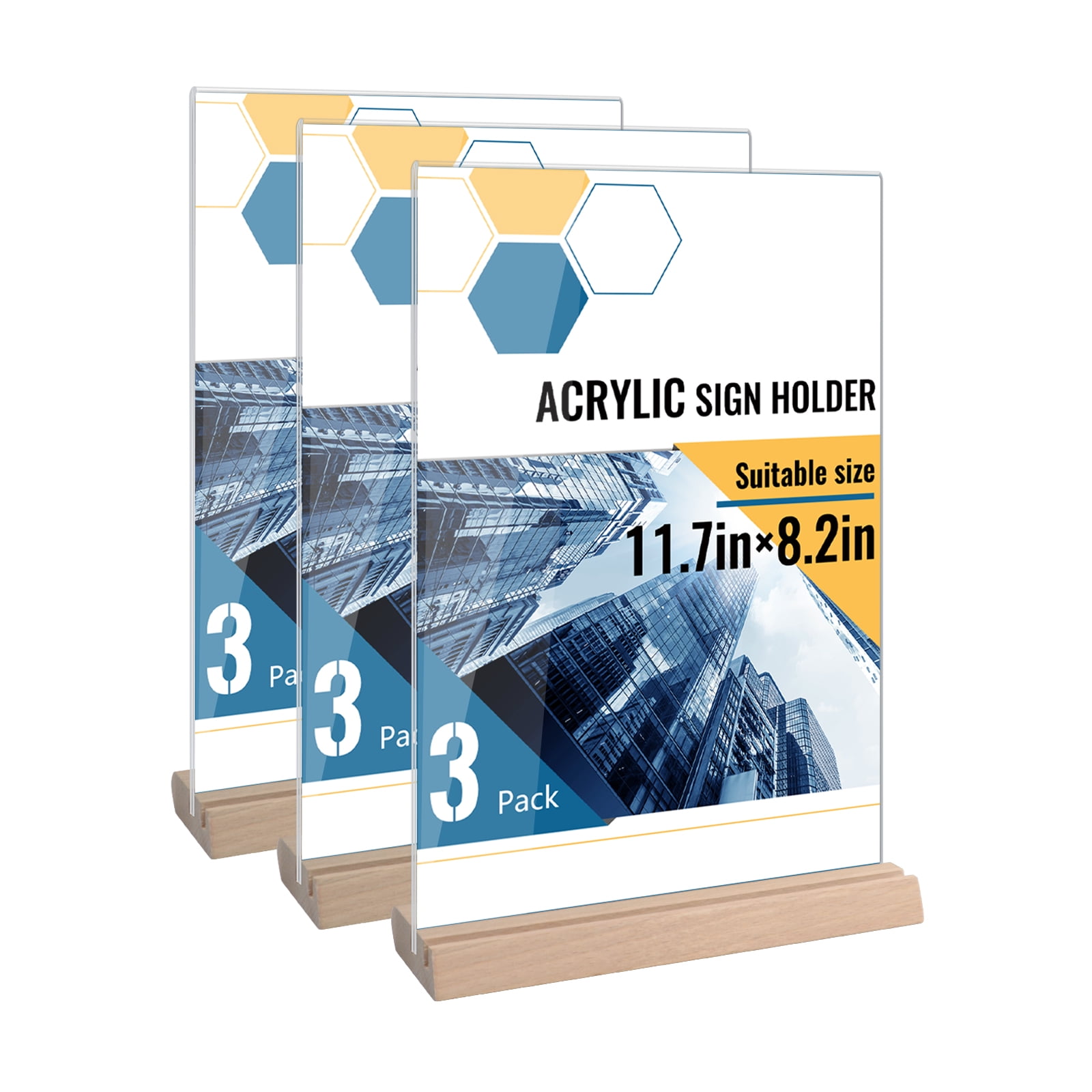 3Pcs Acrylic Sign Holder 8.2x11.6 Wood Base with 2 Grooves, Double ...