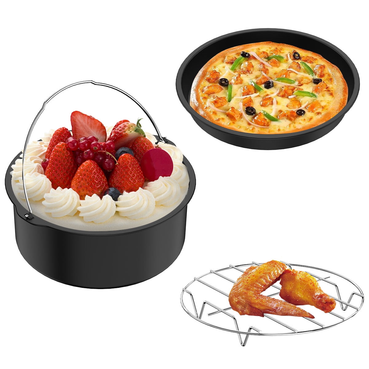 3Pcs Air Fryer Pizza Pan and Cake Barrel with Steam Rack 7 inch Food ...