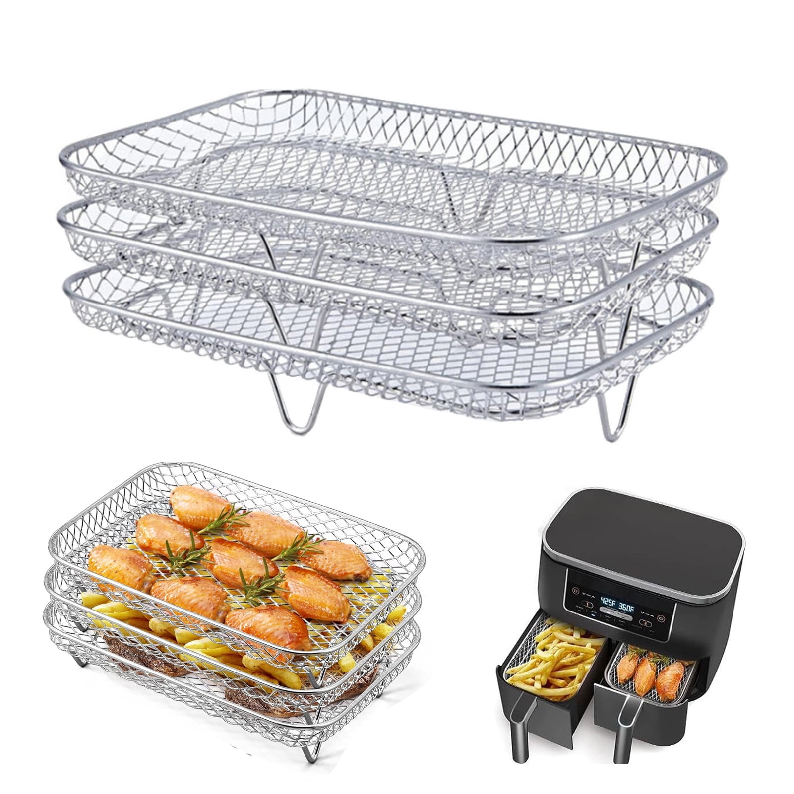 3Pcs Air Fryer Rack Stackable Dehydrator Racks Stainless Steel Basket ...
