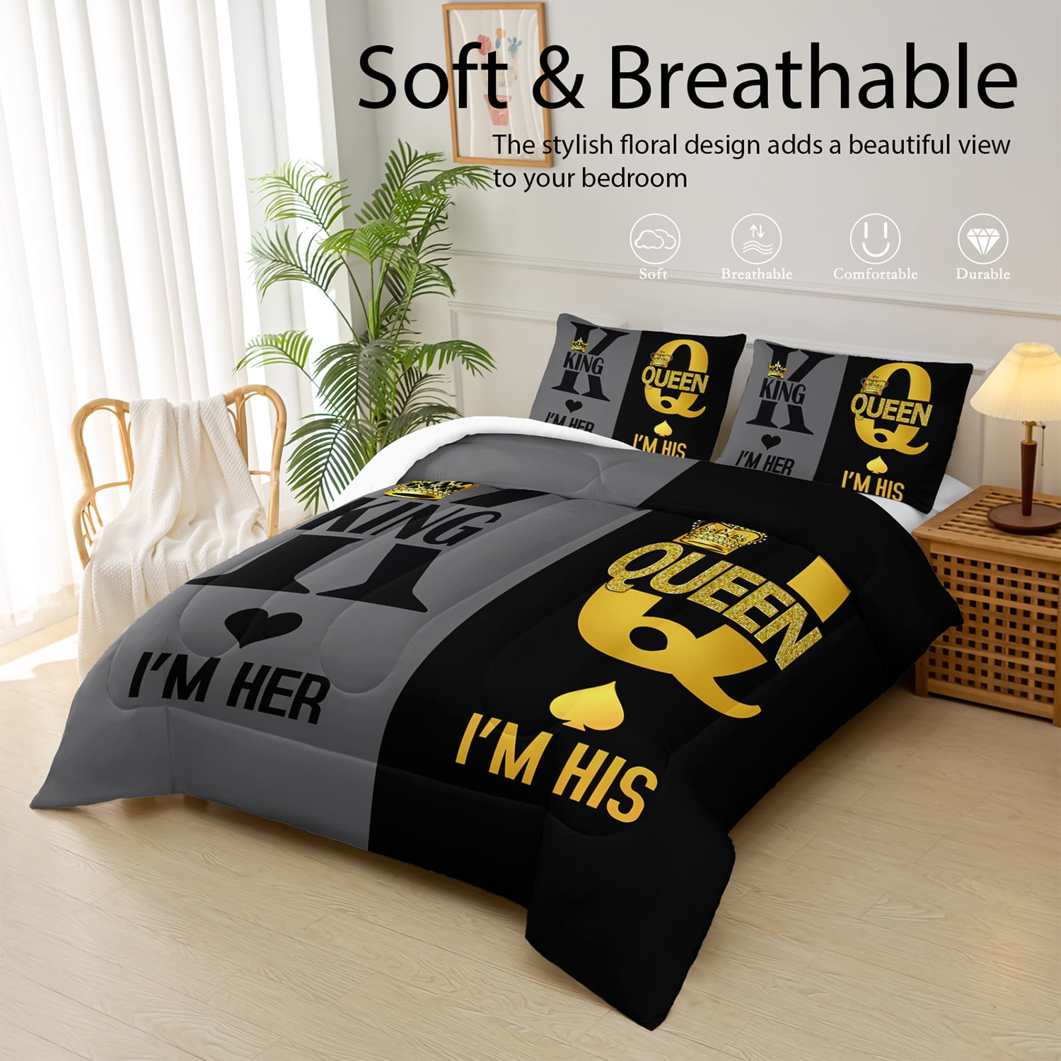 3Pcs Alphabet Print Comforter Set Twin Size,Black Gray Bedding Set for ...