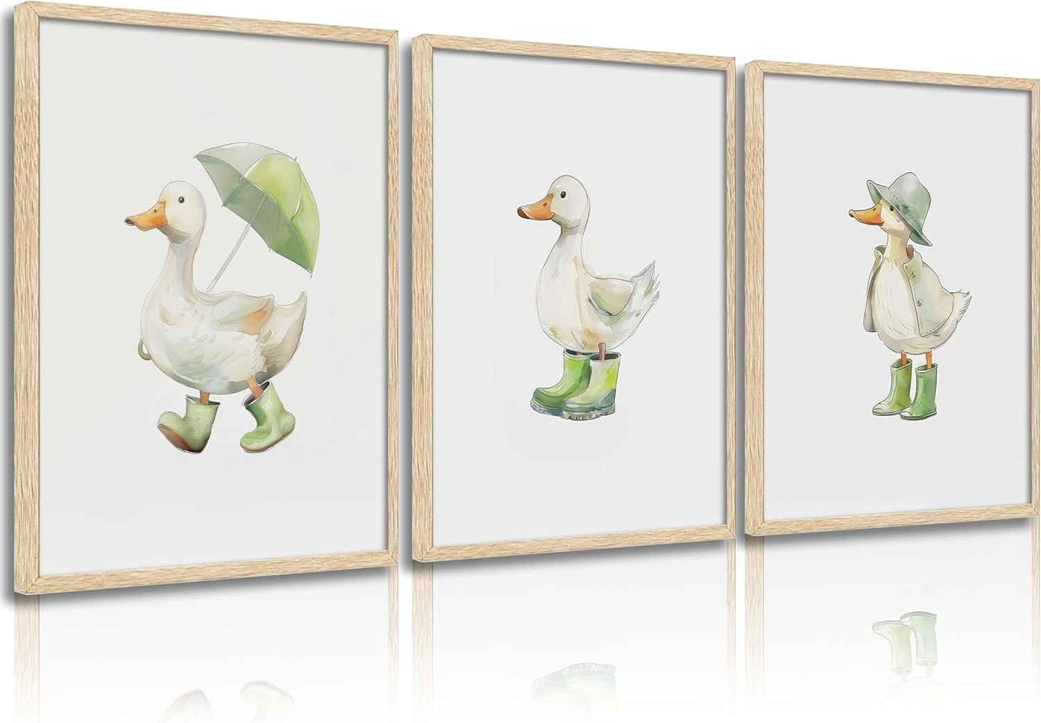 3Pcs Baby Animal Nursery Wall Art Funny Green Rain Gear Duck Painting ...