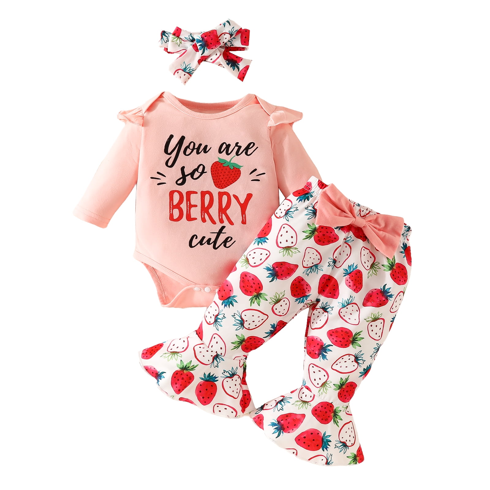 3Pcs Baby Girl Fall Outfits Long Sleeve Romper + Strawberry Pants + Headband Set Infant Outfit ...