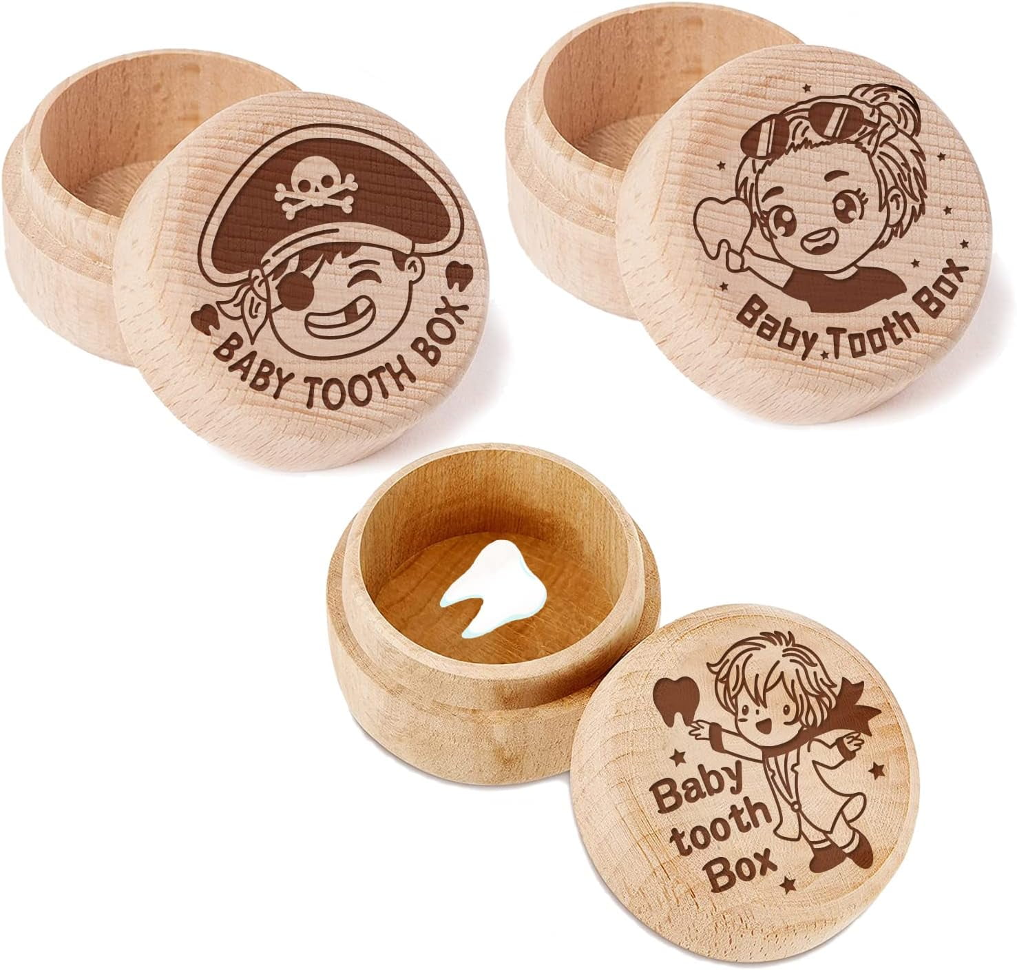 3Pcs Baby Tooth Box Wooden Teeth Storage Box Cute Tooth Keepsake Box ...
