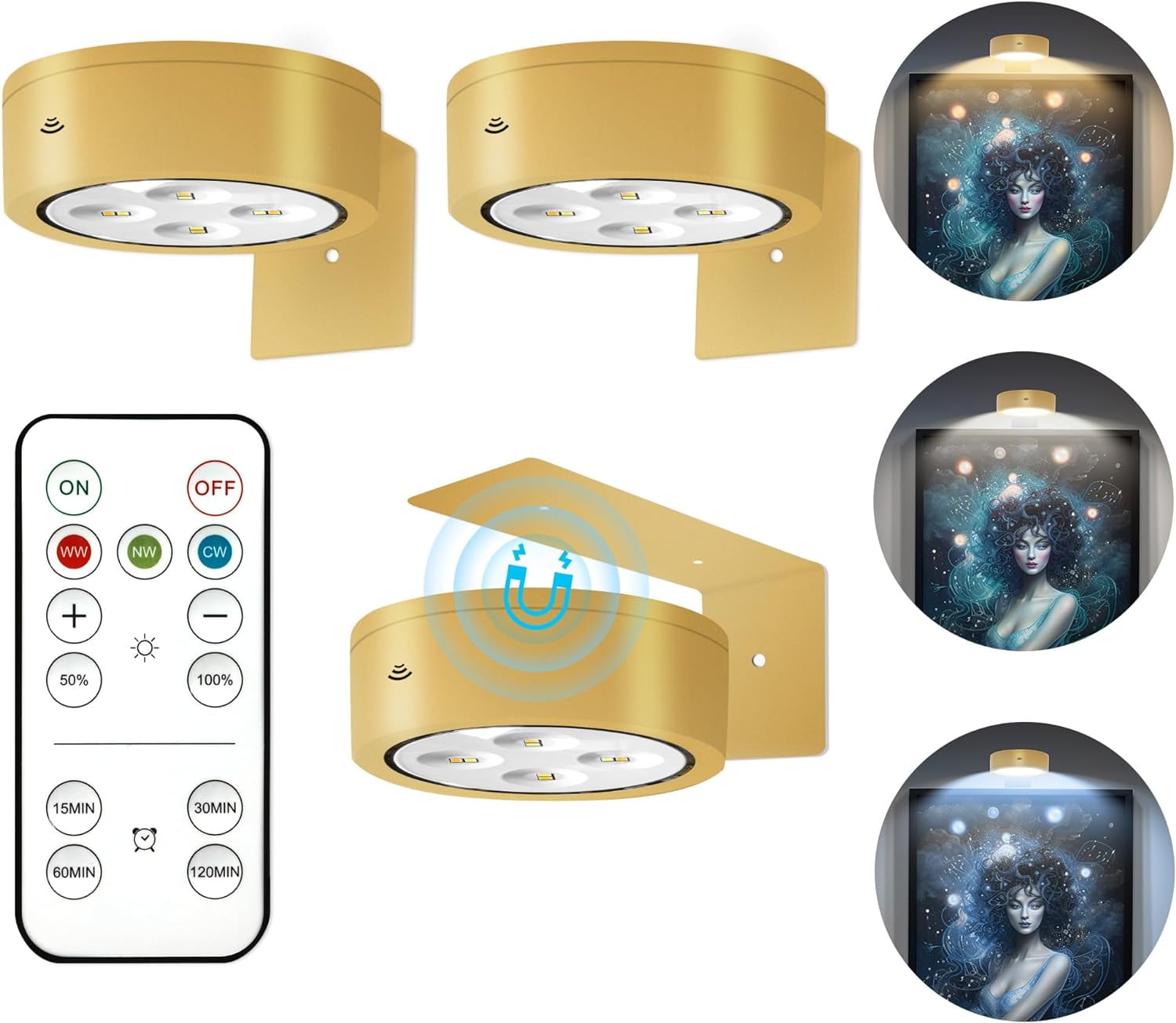 3Pcs Battery Operated Picture Light, Magnetic Led Painting Light with ...