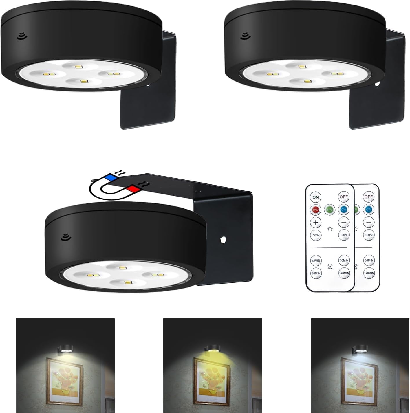 3Pcs Battery Operated Picture Light, Magnetic Painting Light with ...