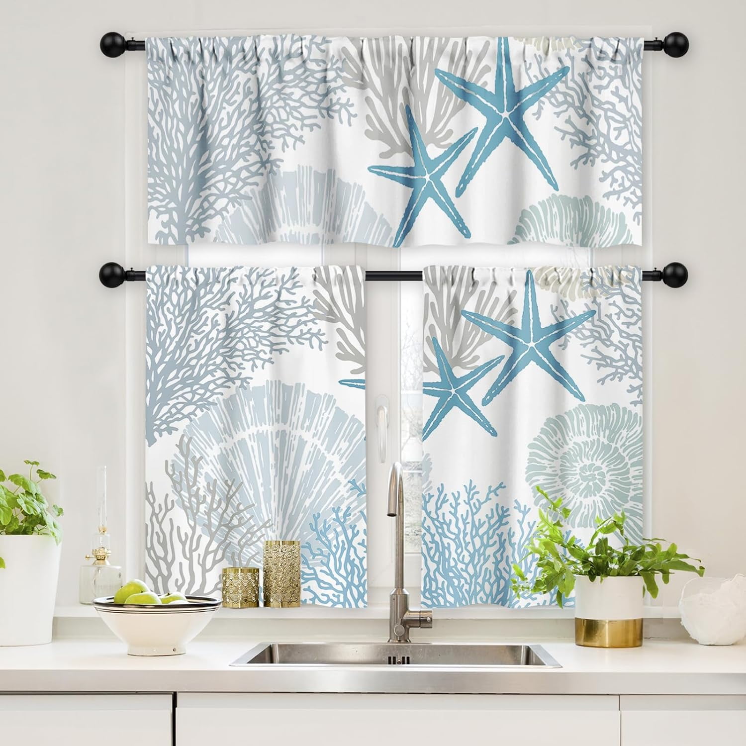 3Pcs Beach Starfish Seashell Kitchen Curtains,Blue Coastal Window ...
