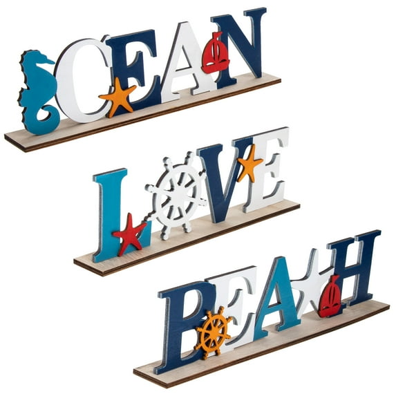 3Pcs Beach Table Signs Wooden Ocean Word Sign Table Centerpiece ...
