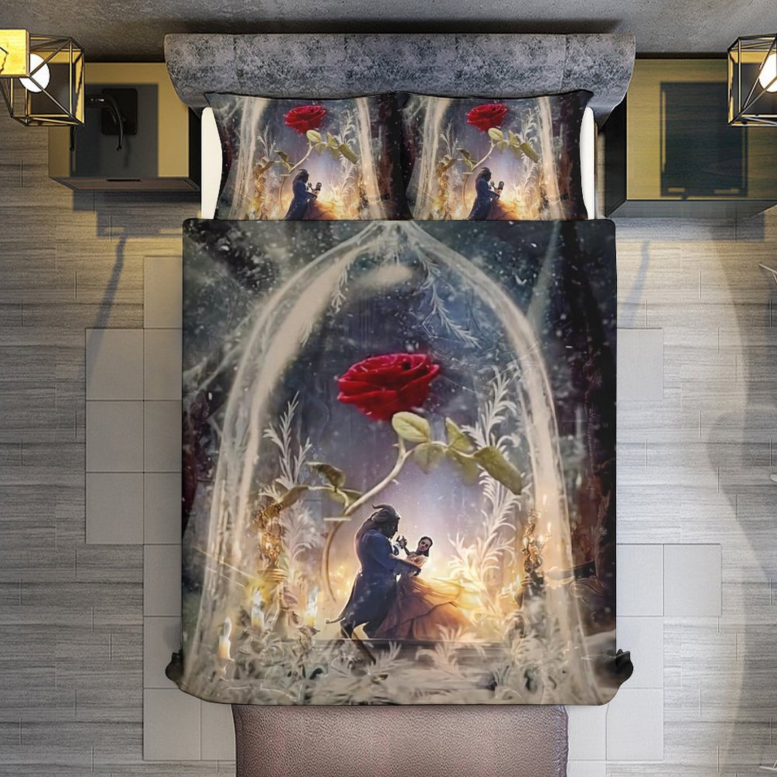 3Pcs Beast Princess Belle Beauty Rose Duvet Cover with 2 Pillowcases ...